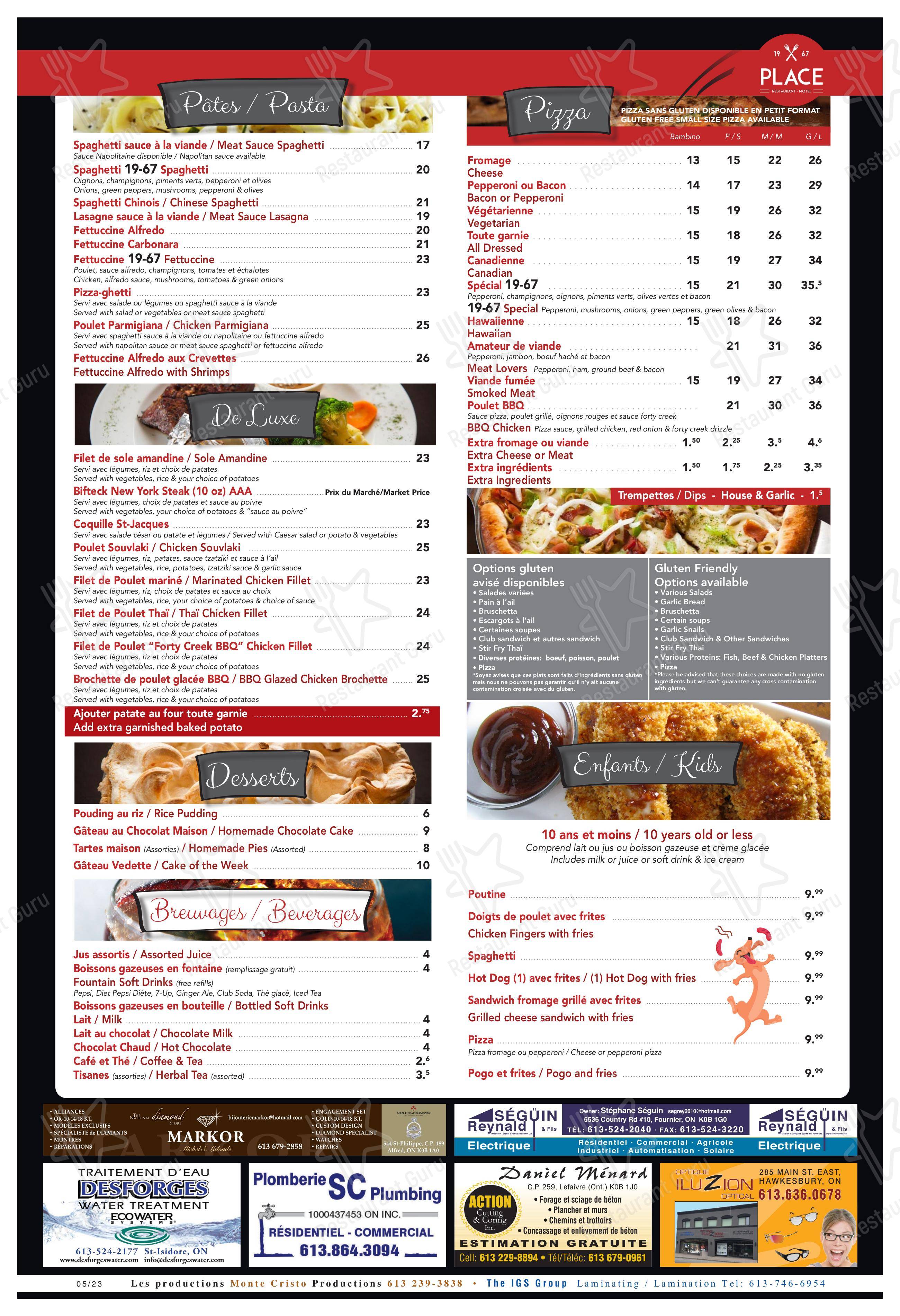 Menu at Place 19-67 Motel Restaurant, Plantagenet