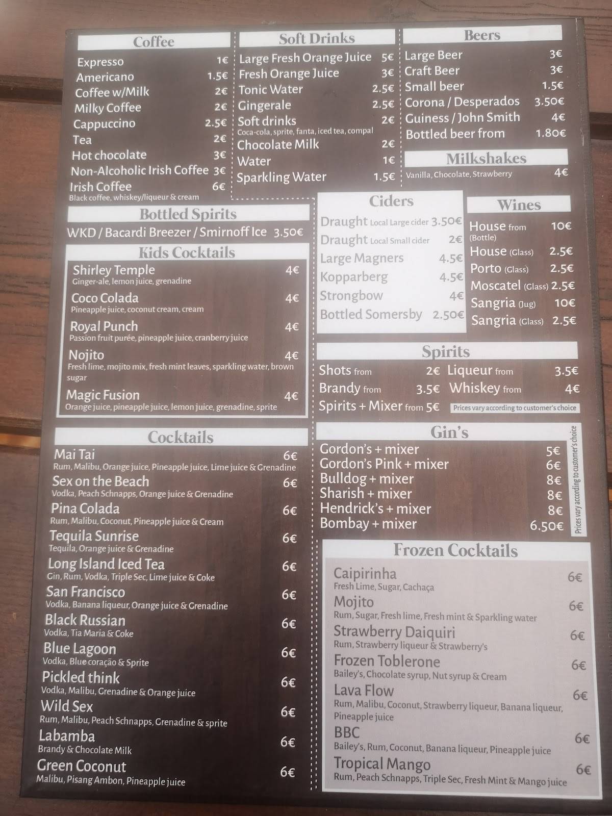 Menu at Planet Fusion Bar, Guia