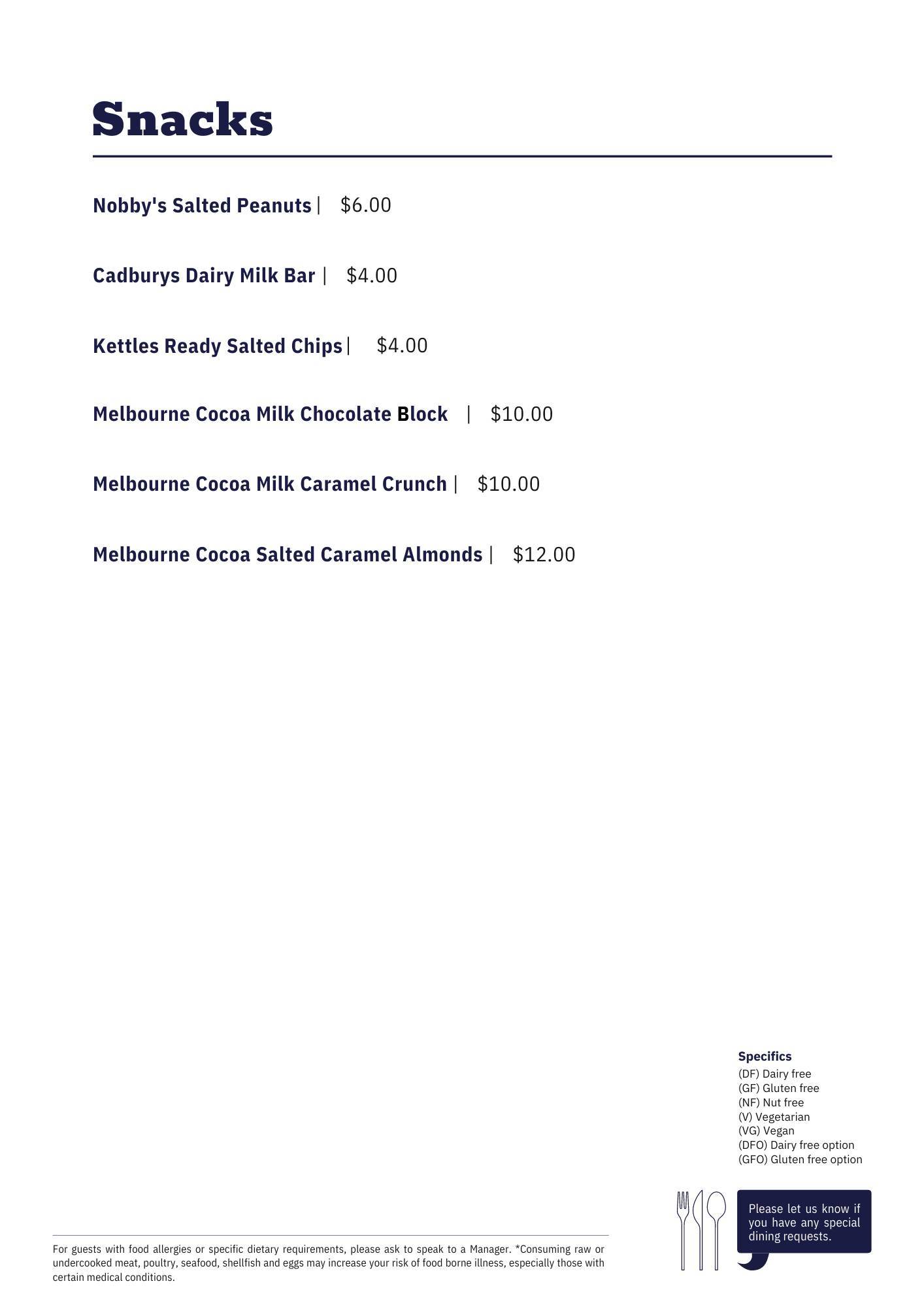 Menu at Platform 270 restaurant, Melbourne