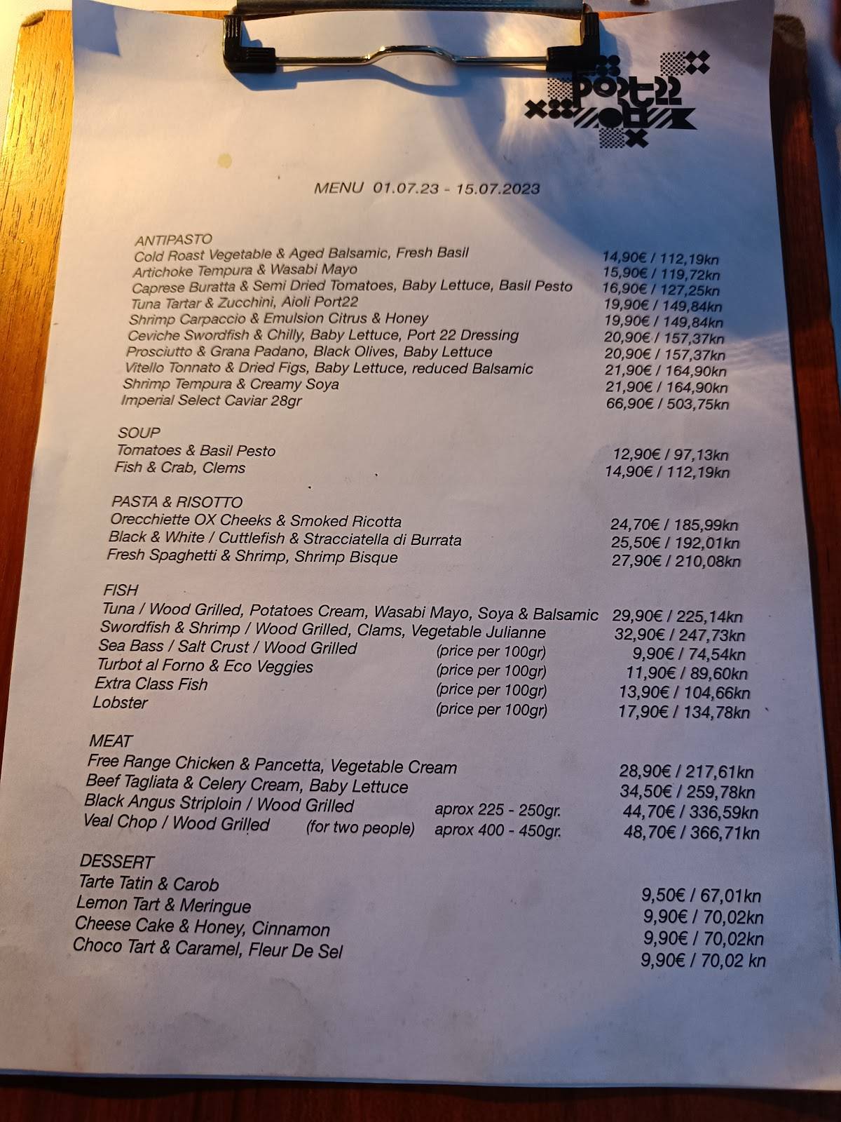 Menu da Port 22 pub & bar, Ragusa