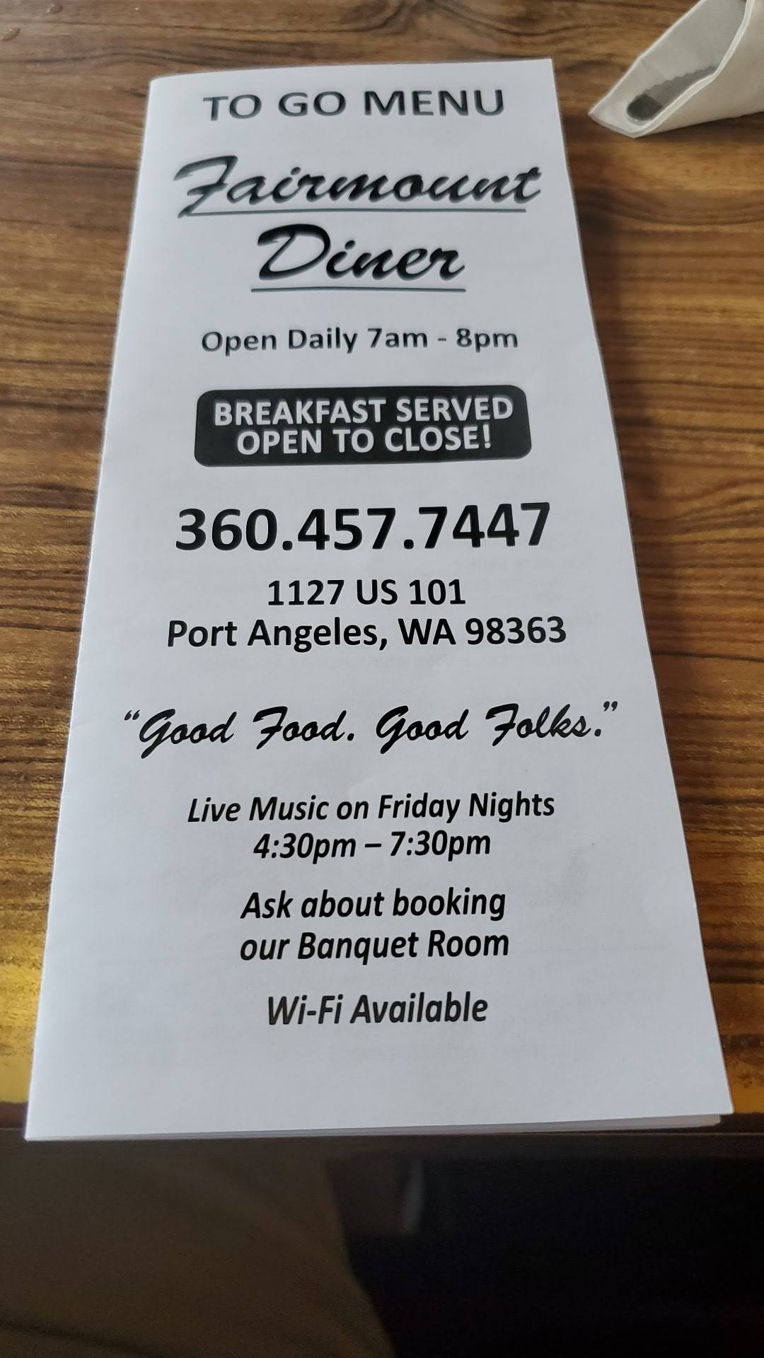 Menu at Fairmount Diner restaurant, Port Angeles