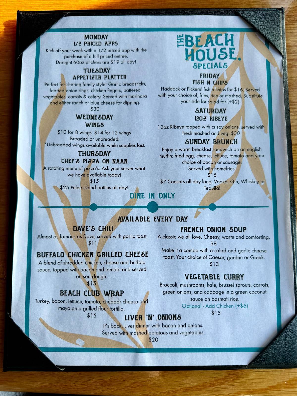 Menu at The Beach House steakhouse, Port Dover