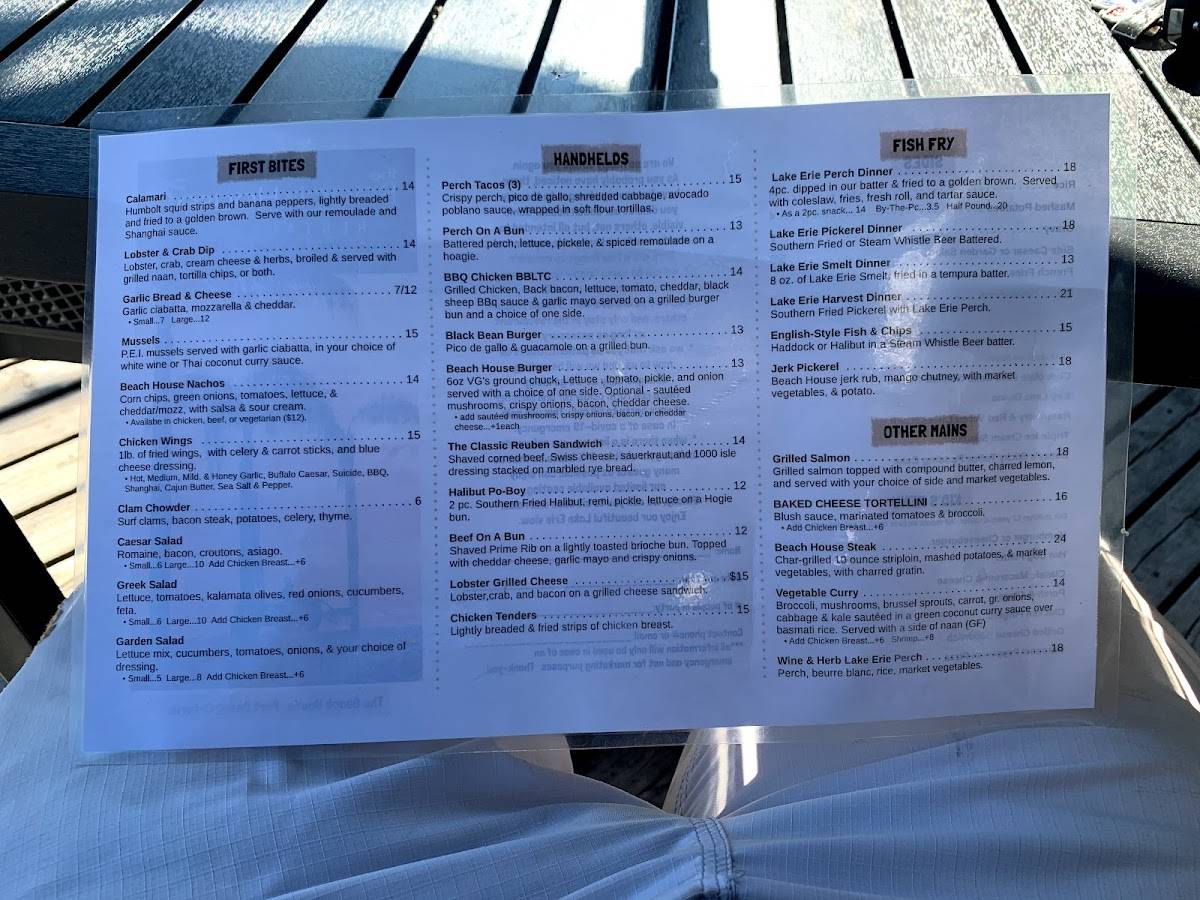 Menu at The Beach House steakhouse, Port Dover