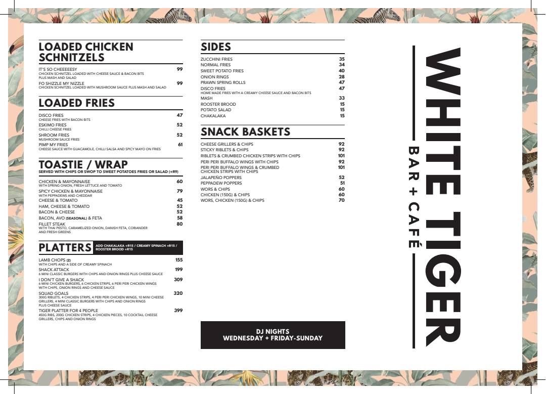 Menu at White Tiger Bar+Cafe, Port Elizabeth
