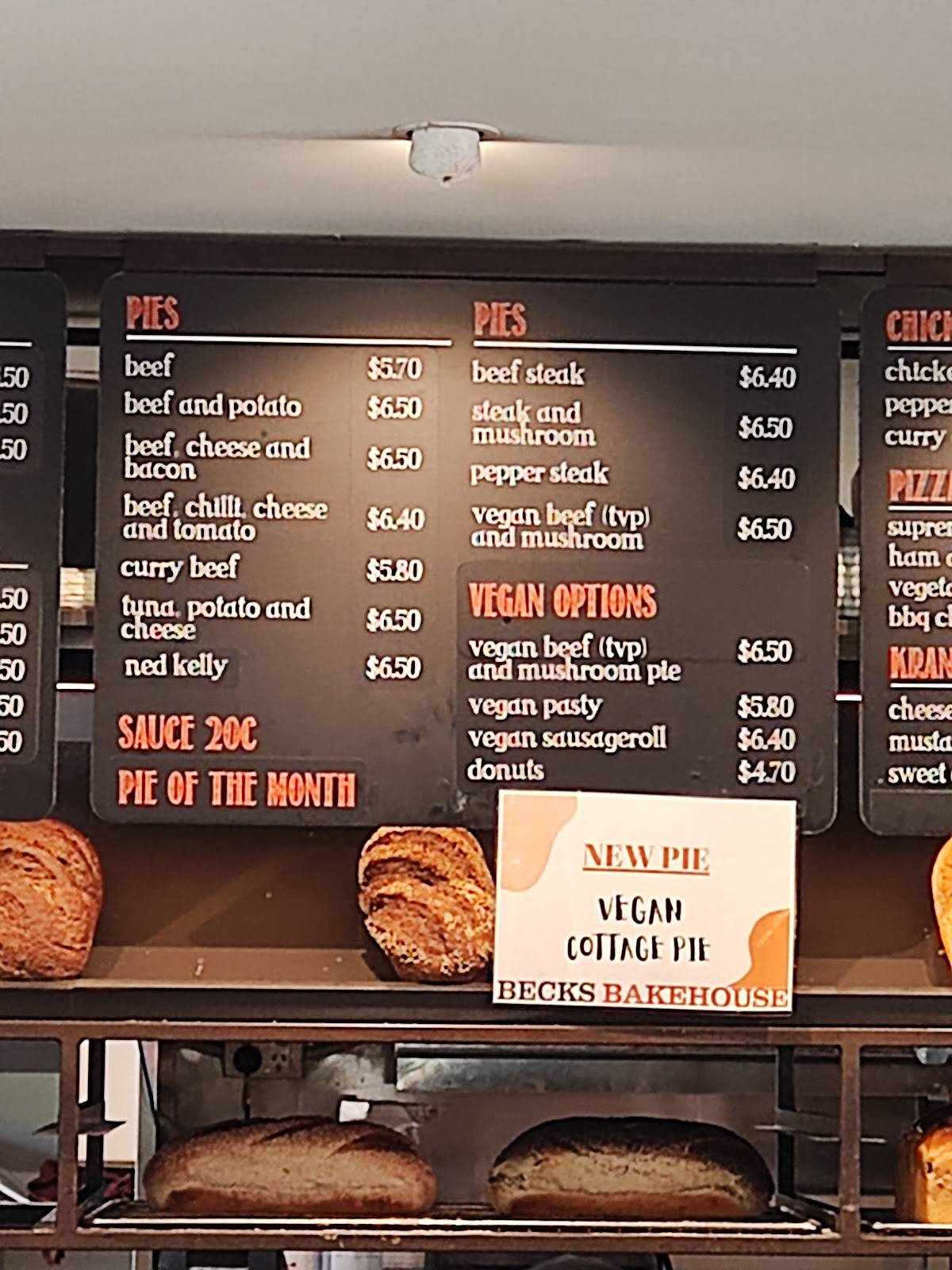 Menu at Beck's Bakehouse cafe, Port Noarlunga