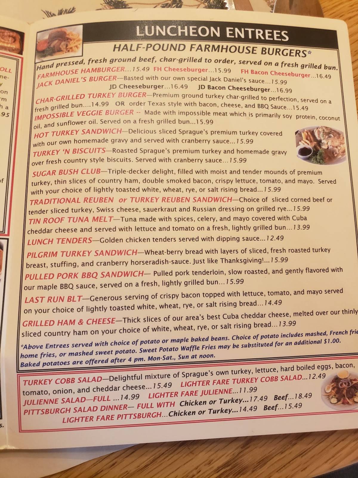 Menu at Sprague's Maple Farms restaurant, Portville