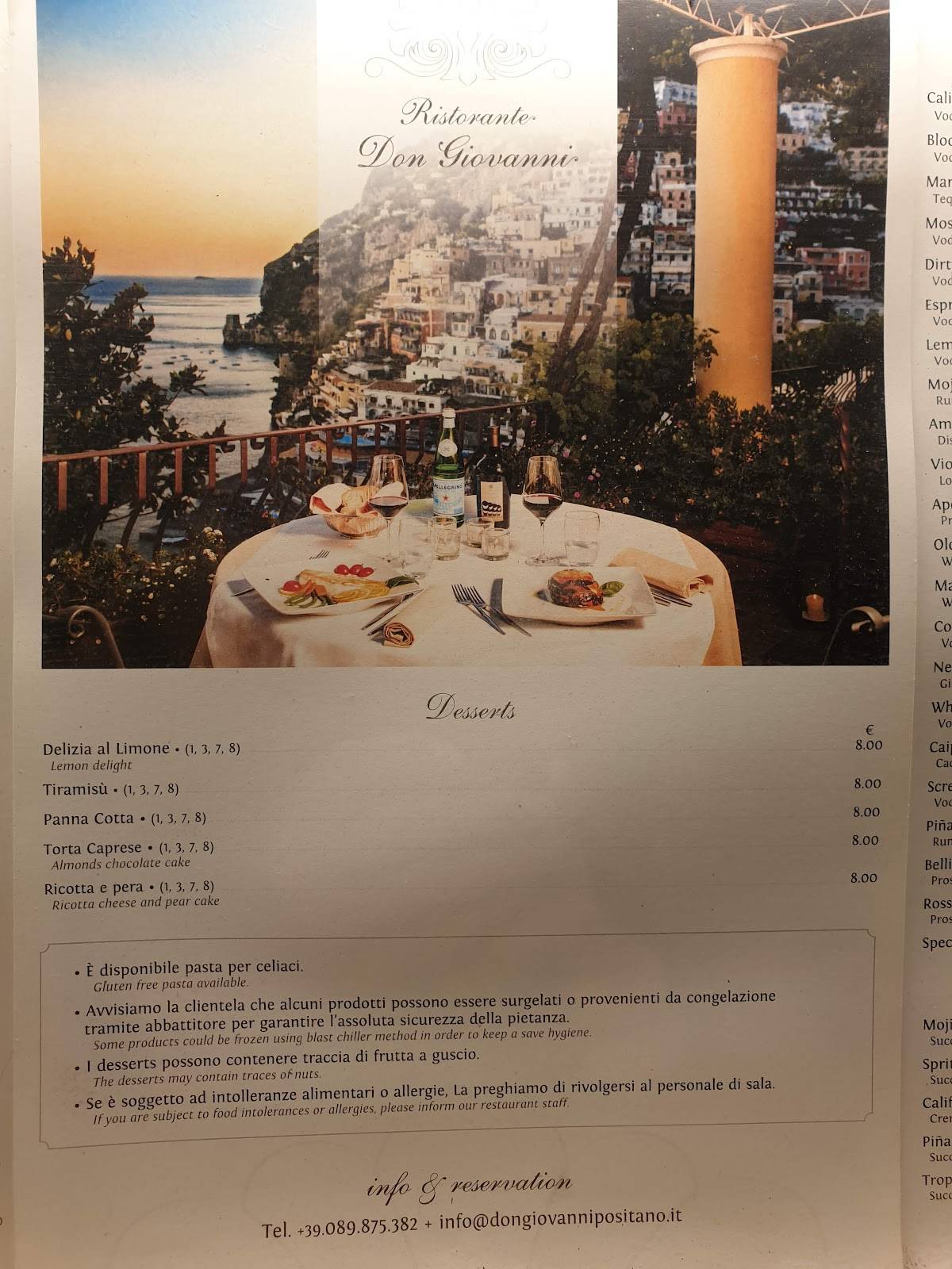 Menu da Ristorante Don Giovanni, Positano