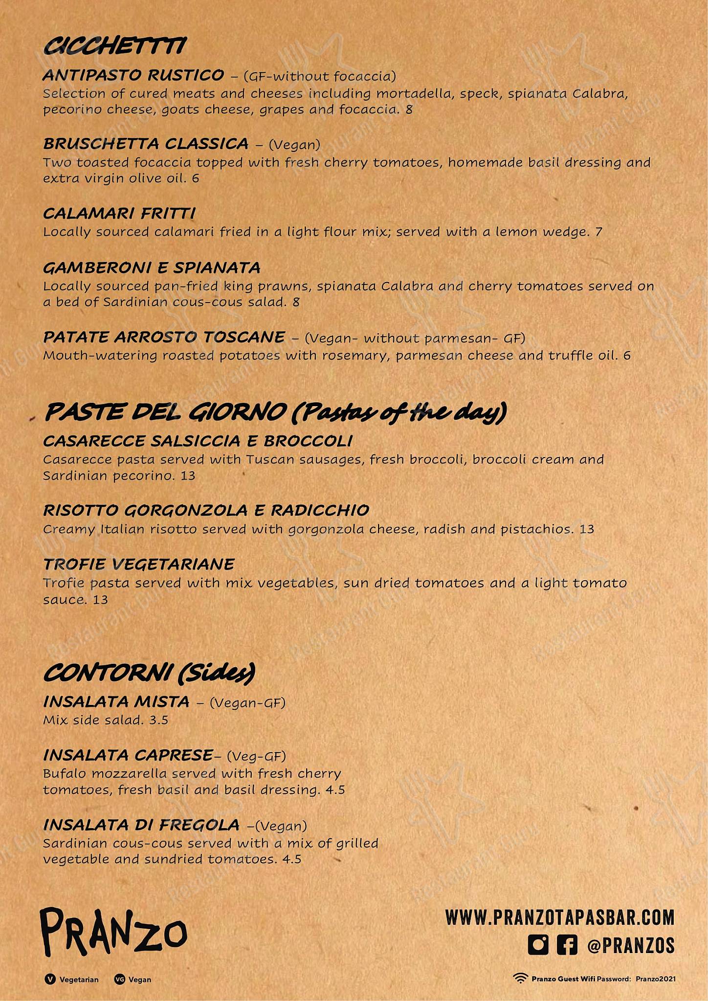 Menu at Pranzo Trattoria & Deli restaurant, Whitley Bay