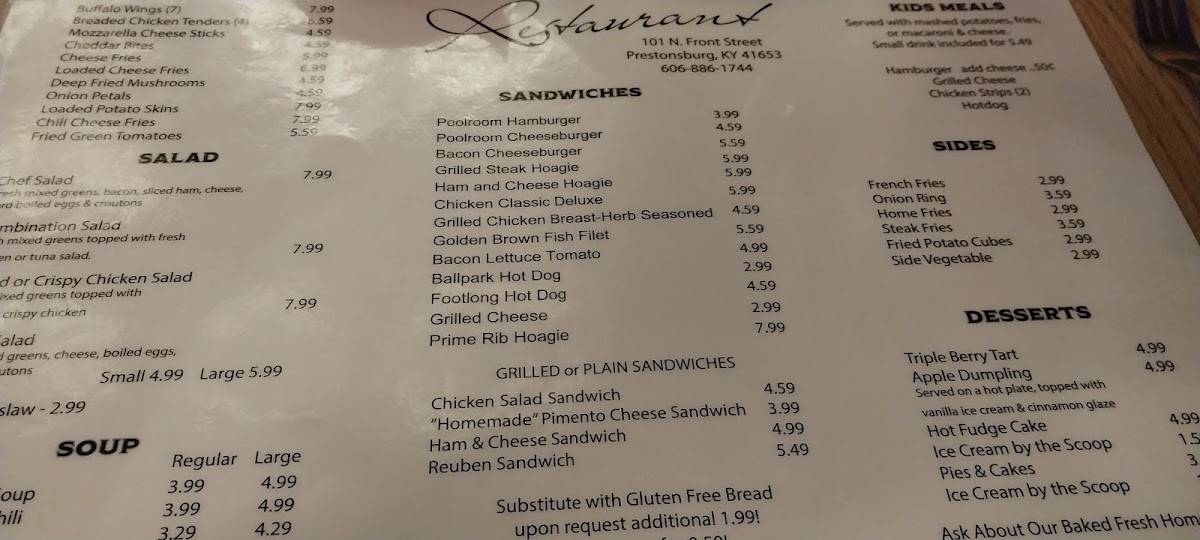 Menu at Billy Ray's Restaurant, Prestonsburg, 101 N Front St