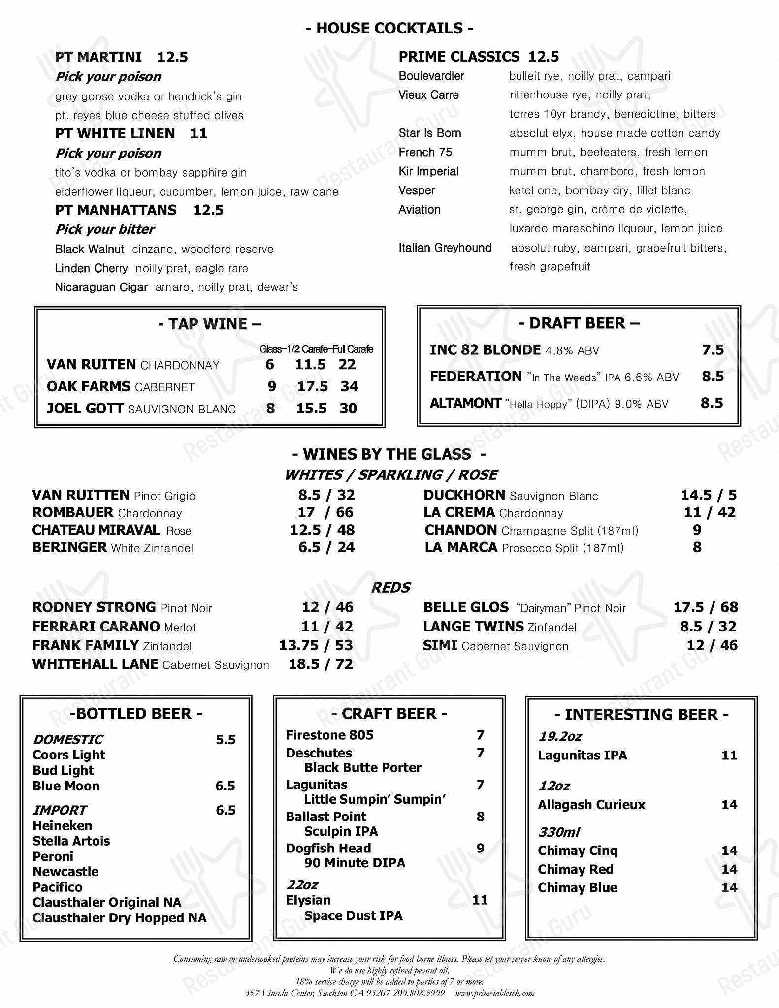 Carta de parrilla Prime Table Steak House, Stockton