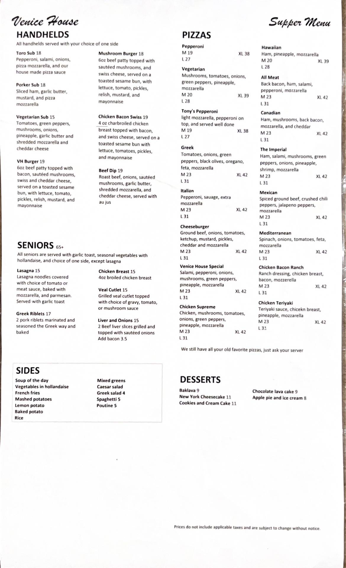 Menu at Venice House pizzeria, Prince Albert, Central Ave