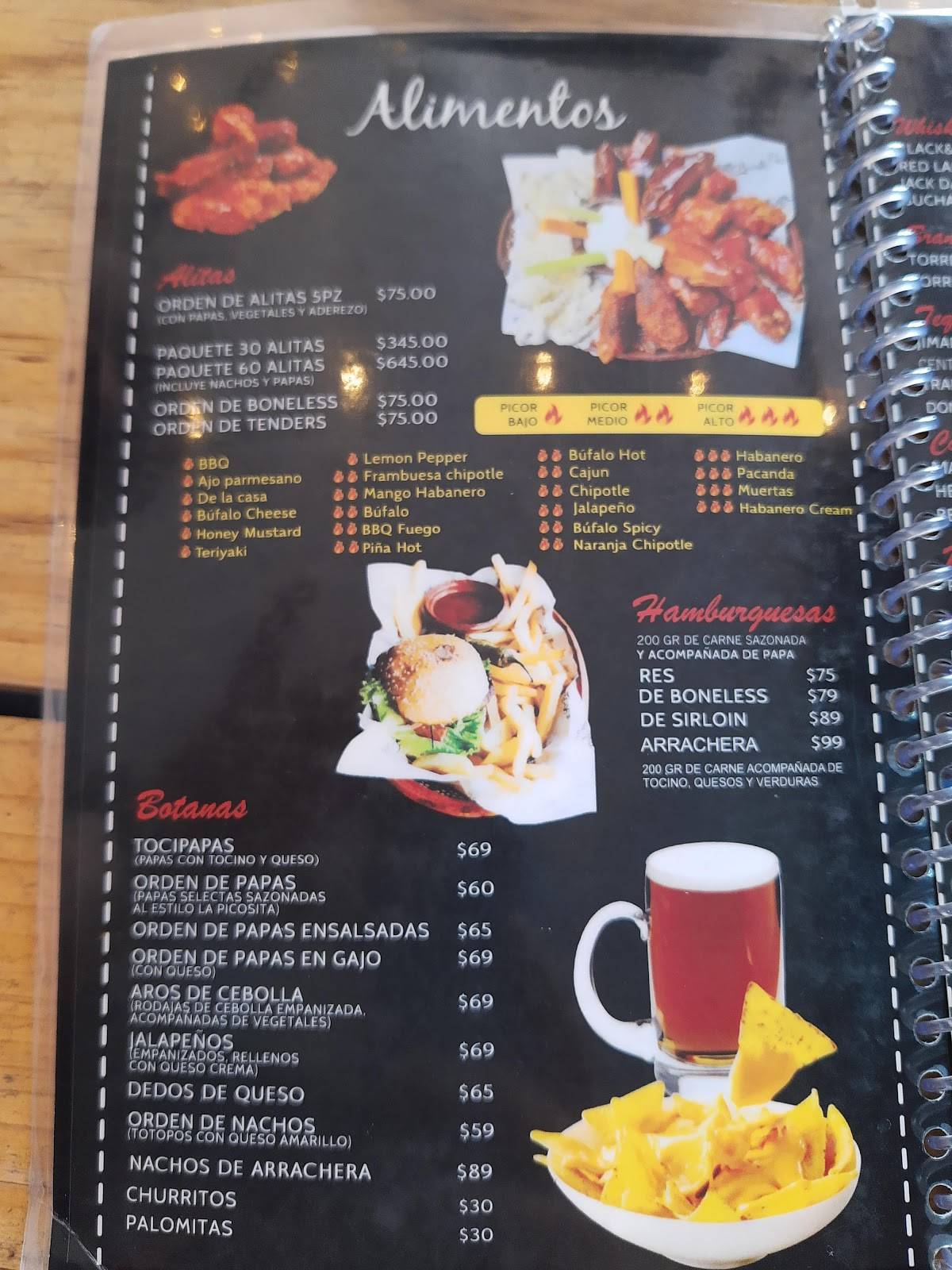 Carta del pub y bar Ala Picosita, Morelia, Avenida Universidad
