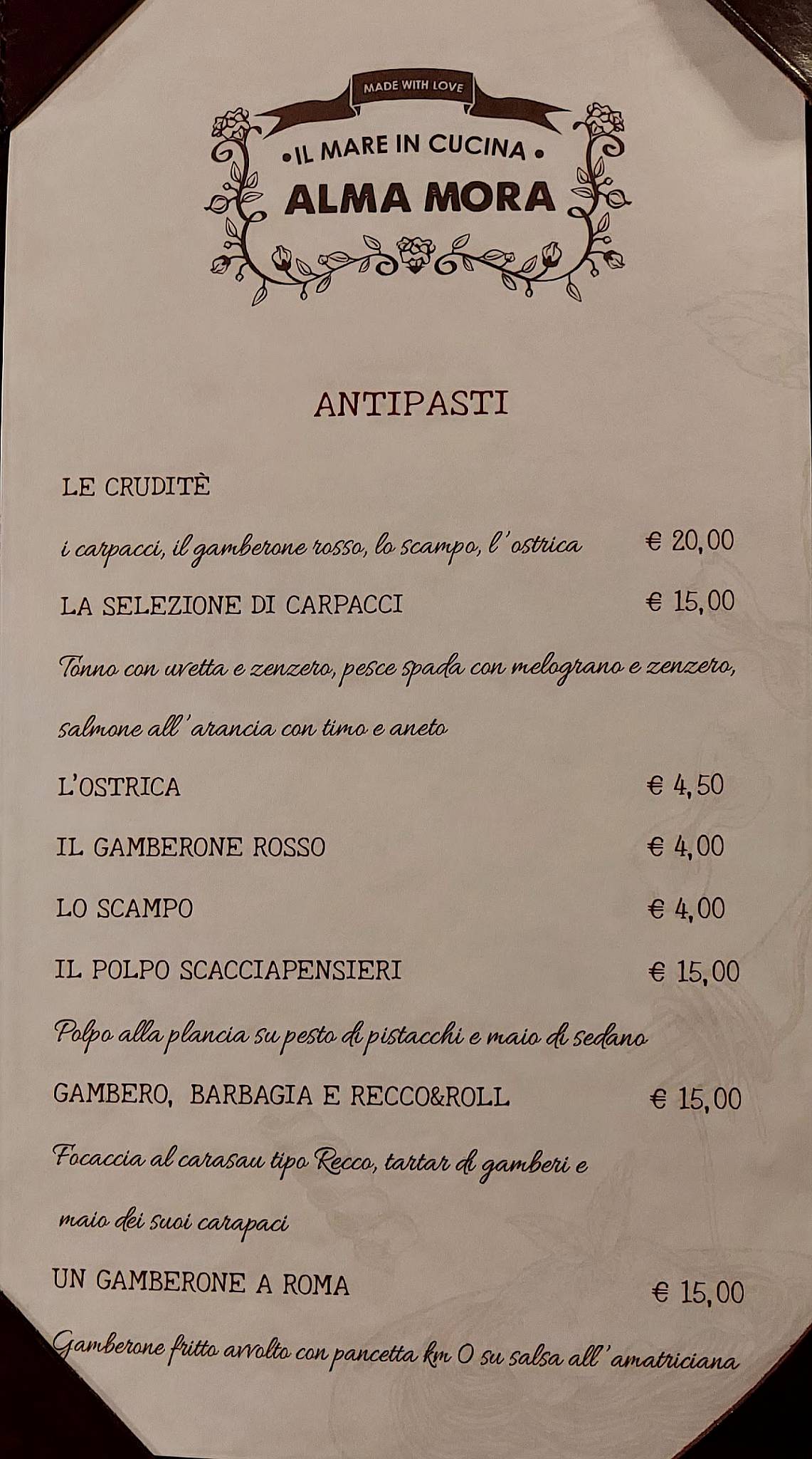Menu da Alma Mora caffè e cucina pub & bar, Verona, Via Colonnello Fincato