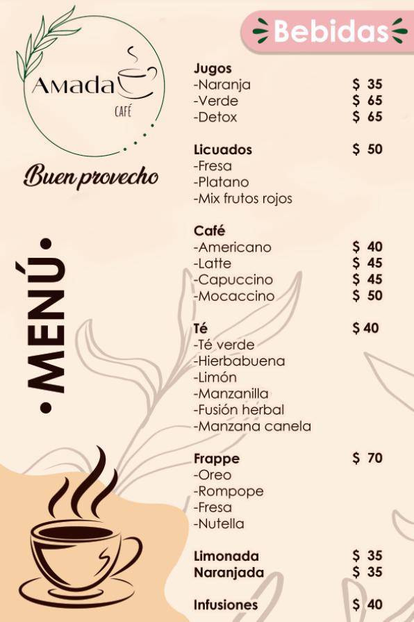 Menu at Amada Café, Zihuatanejo