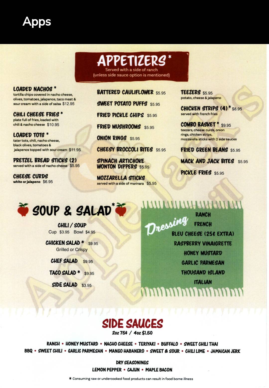 Menu at Applejack's Restaurant & Pub, Marinette
