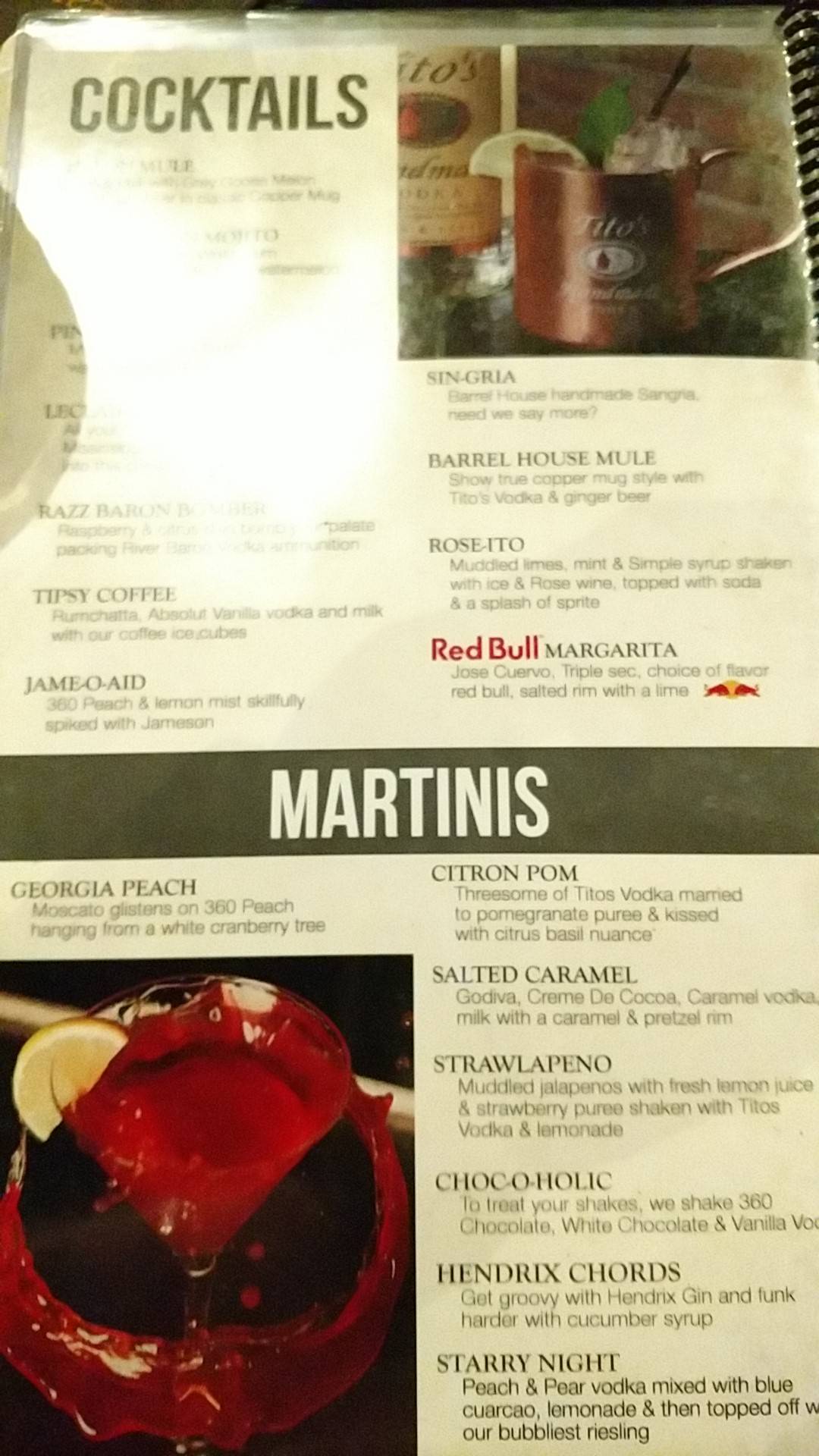 Menu at Barrel House, Dubuque