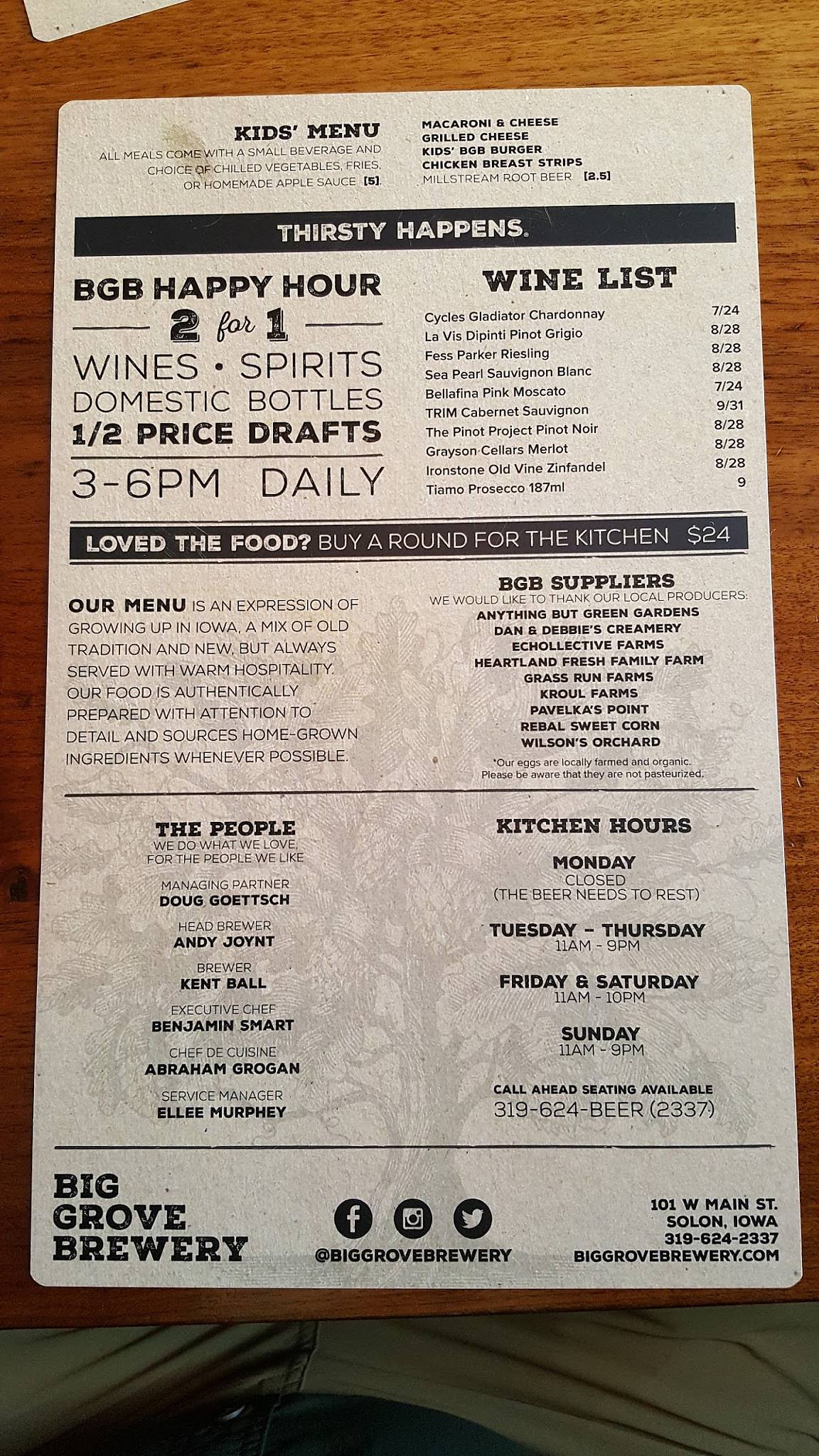 Menu at Big Grove Brewpub-Solon, Solon