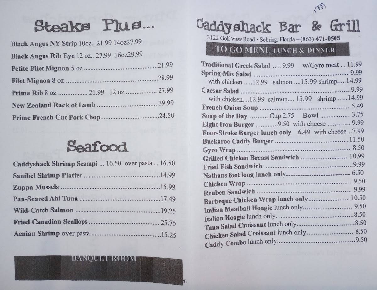Menu at Caddyshack Bar & Grill, Sebring