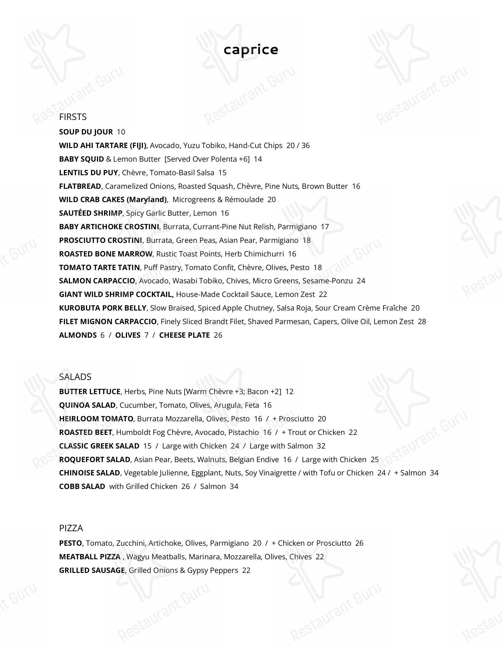 Menu at Caprice Cafe, Redlands