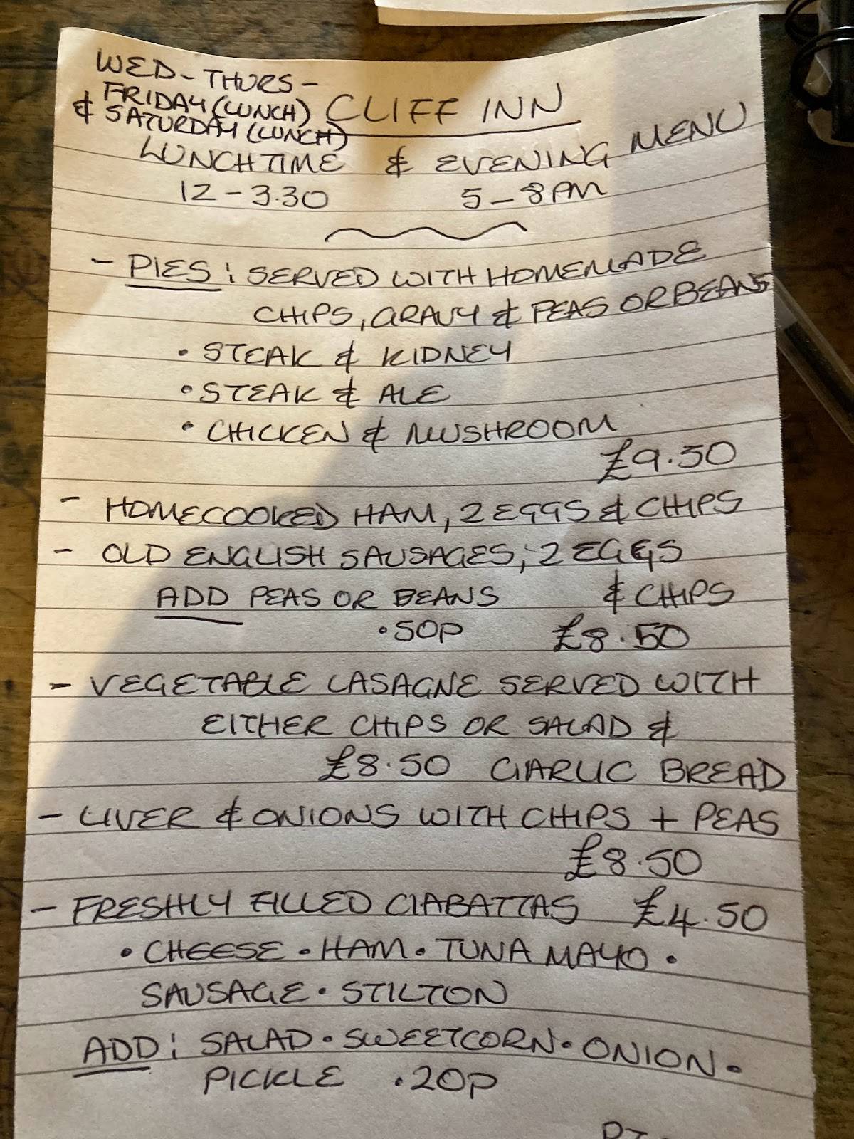 Menu at Cliff Inn pub & bar, Crich