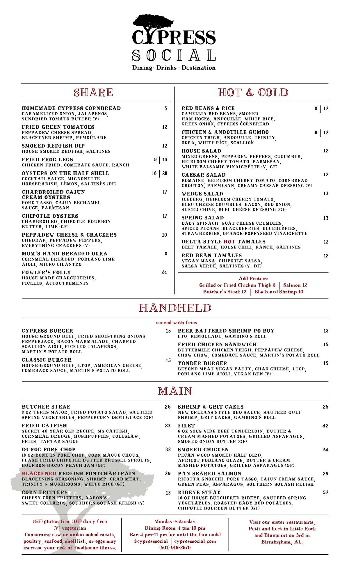 Menu at Cypress Social pub & bar, North Little Rock