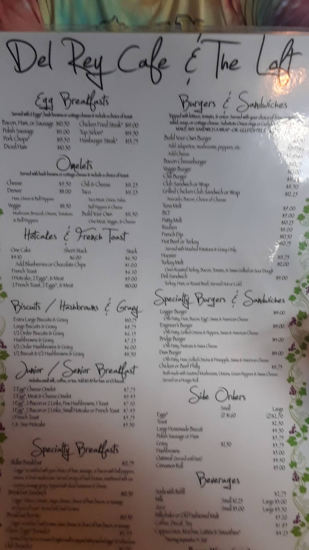 Menu at Del Rey Cafe and the Loft, Roseburg North