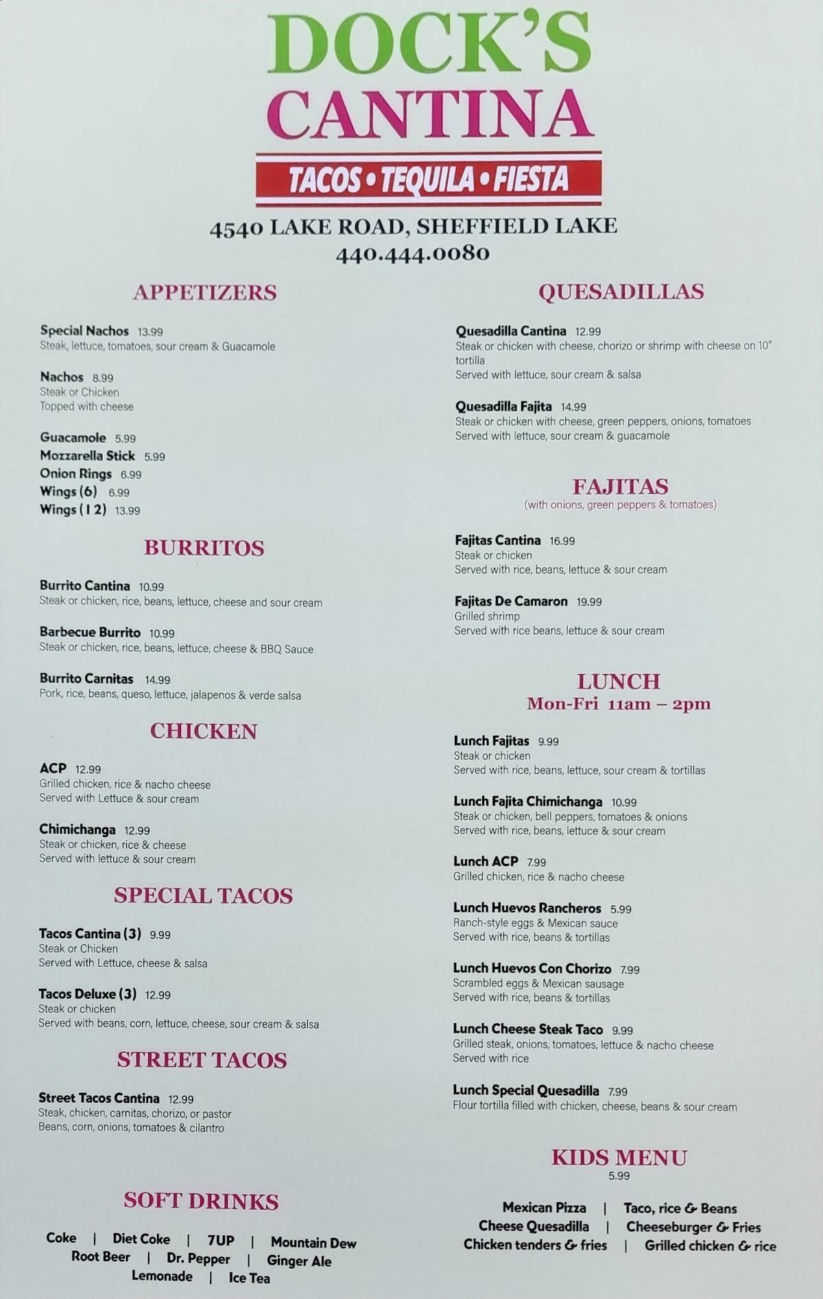 Menu at Docks Cantina pub & bar, Sheffield Lake