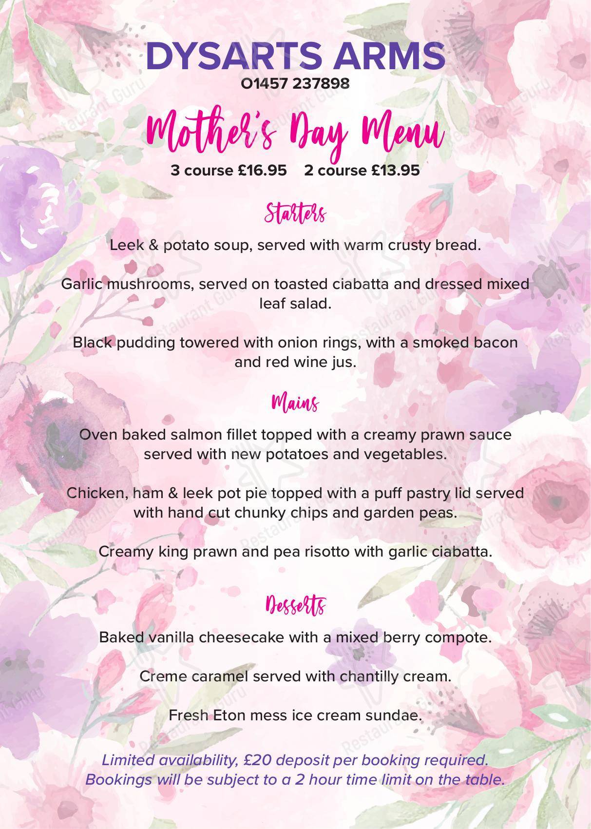 Menu at Dysarts Arms, Mossley pub & bar, Ashton-under-Lyne