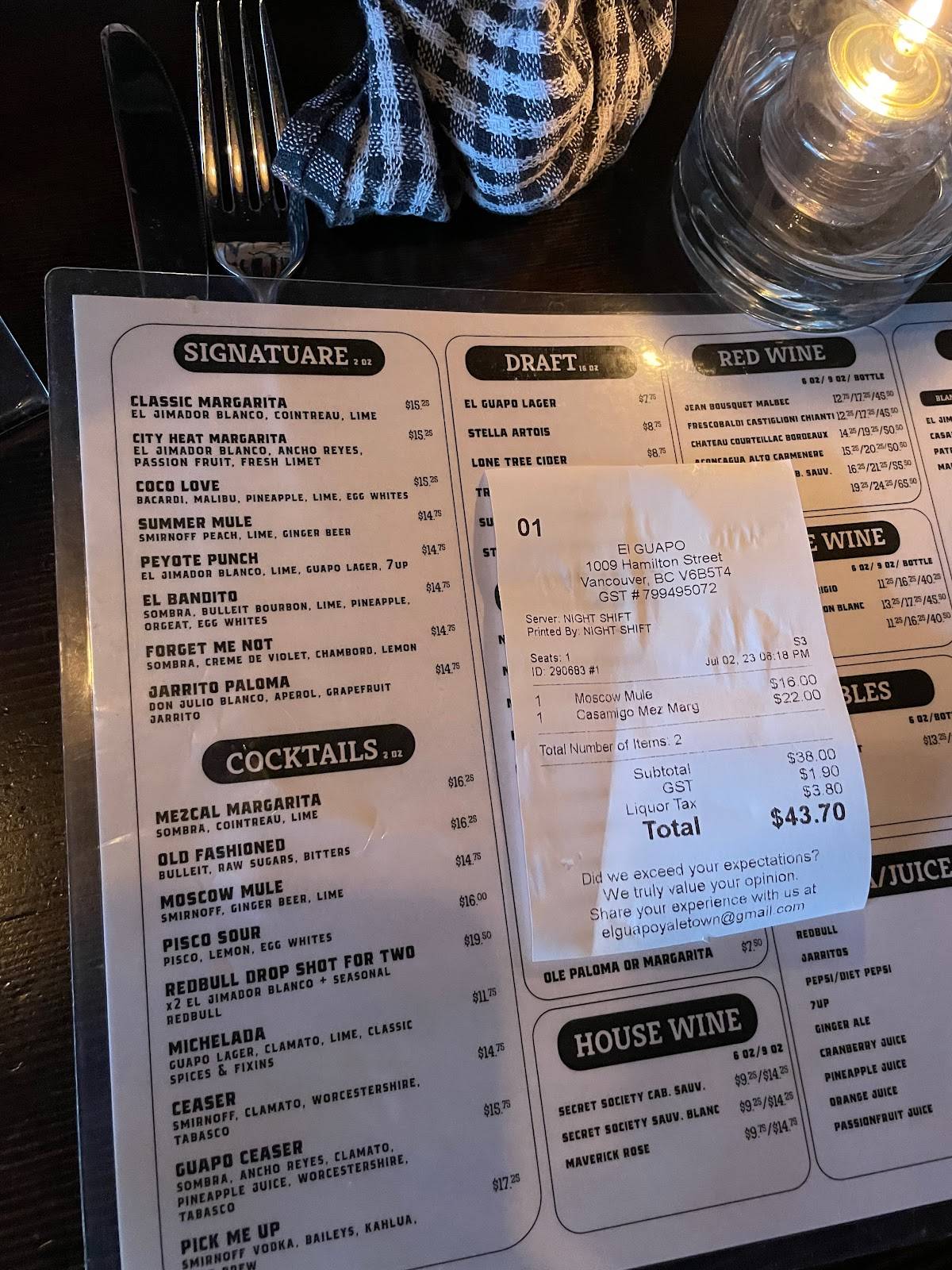 Menu at El Guapo Mexican Restaurant, Vancouver