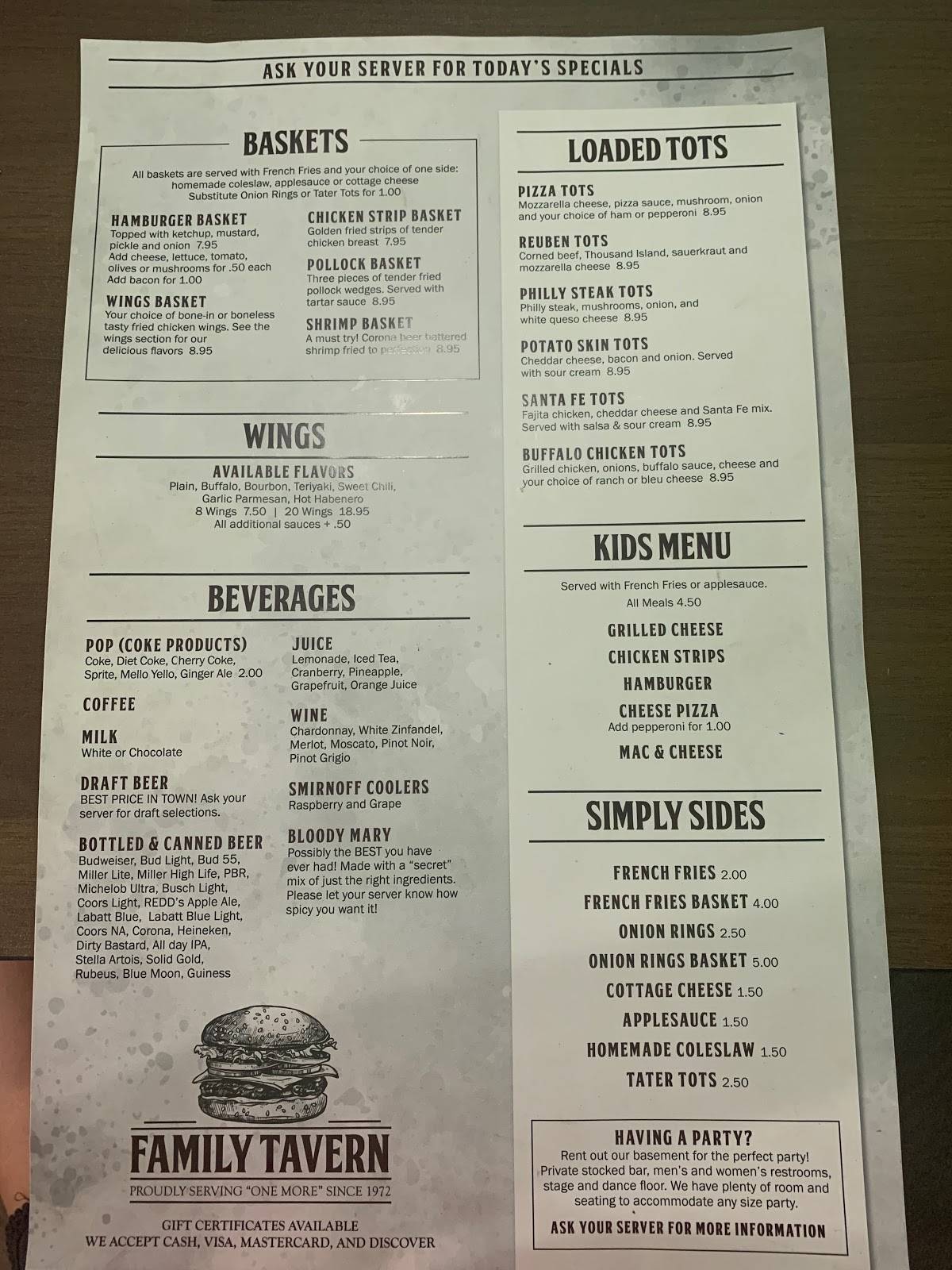 Menu at Family Tavern pub & bar, Caledonia