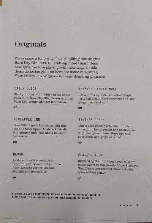 Menu at Four Pillars Gin Distillery pub & bar, Healesville
