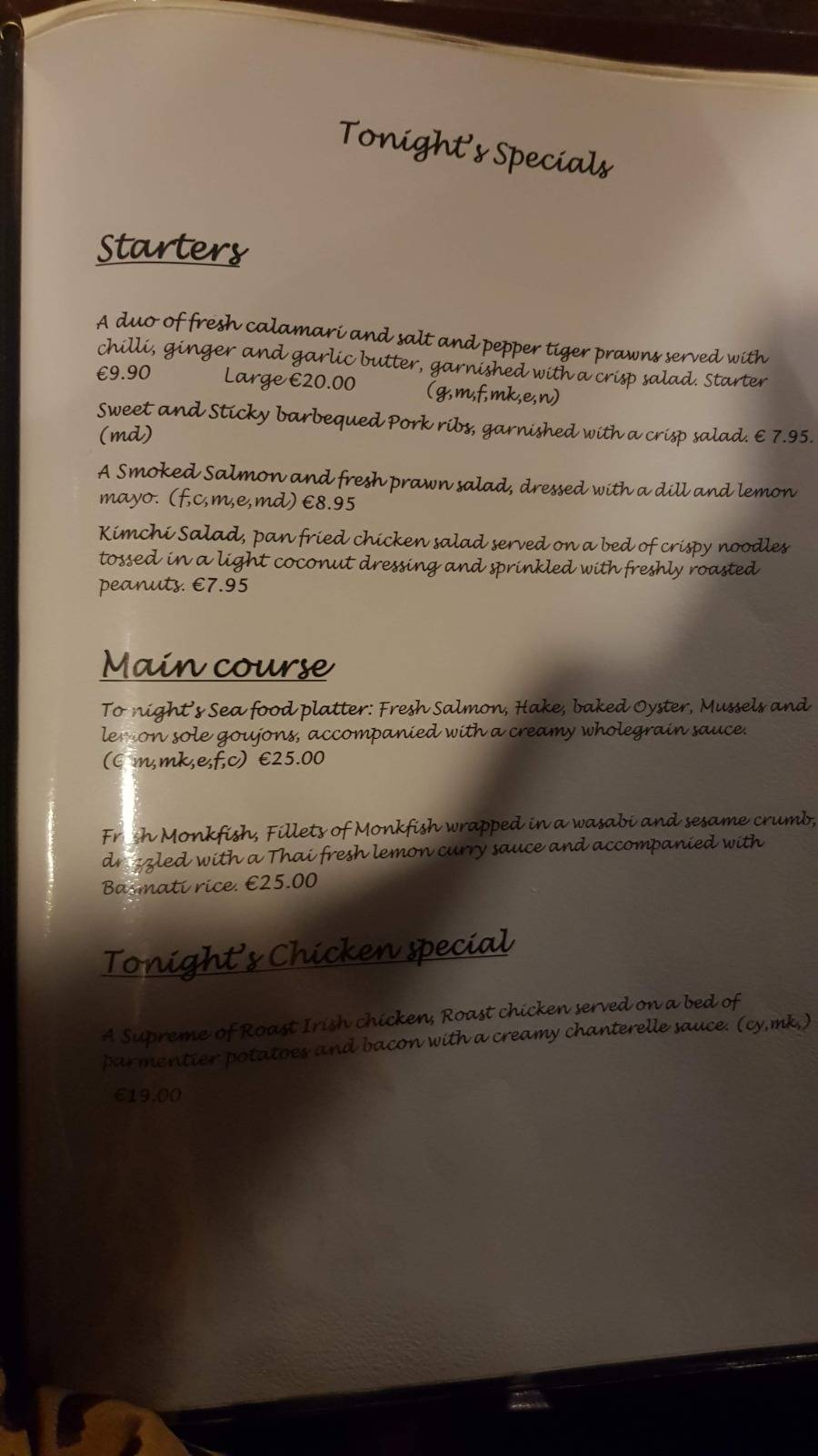 Menu at Grogan's pub & bar, Athlone, Glasson