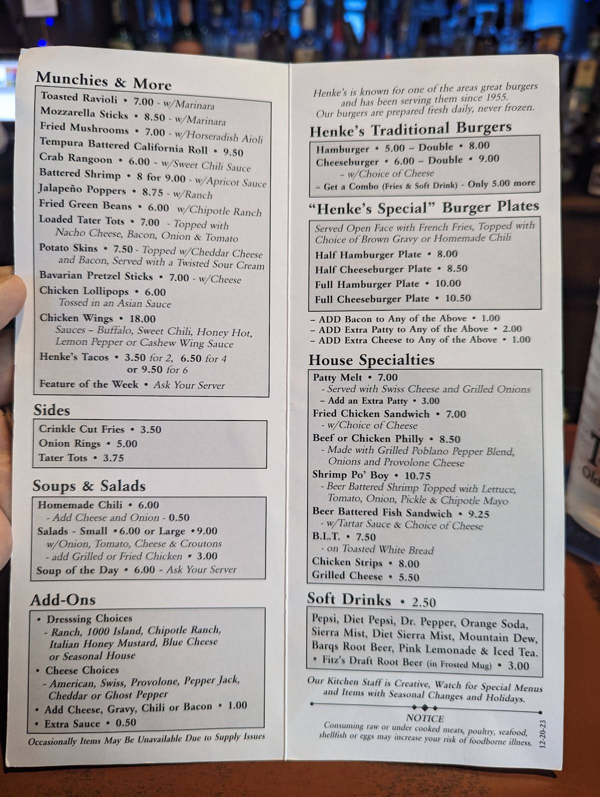 Menu at Henkes Tavern pub & bar, Florissant