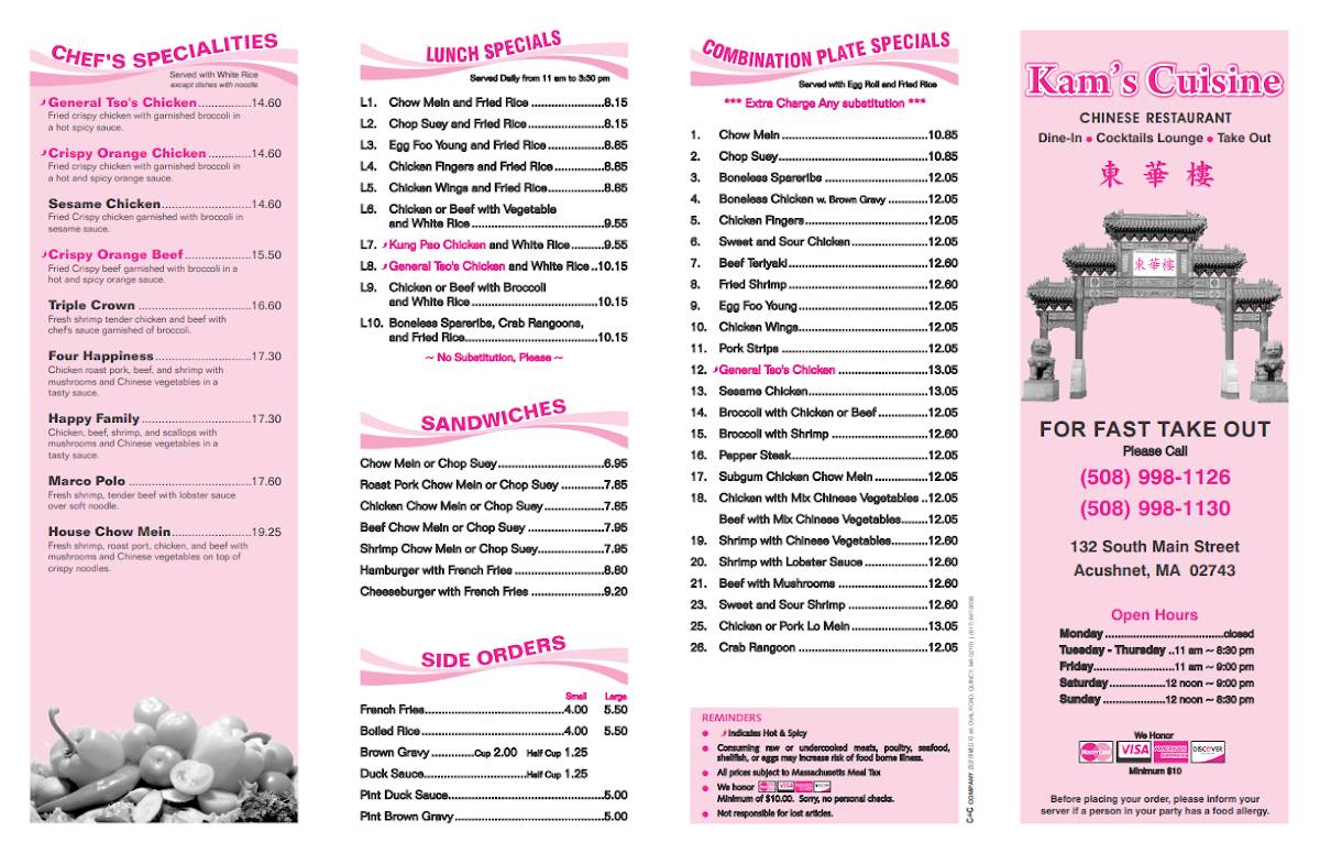 Menu at Kam's Cuisine Chinese Restaurant, Acushnet