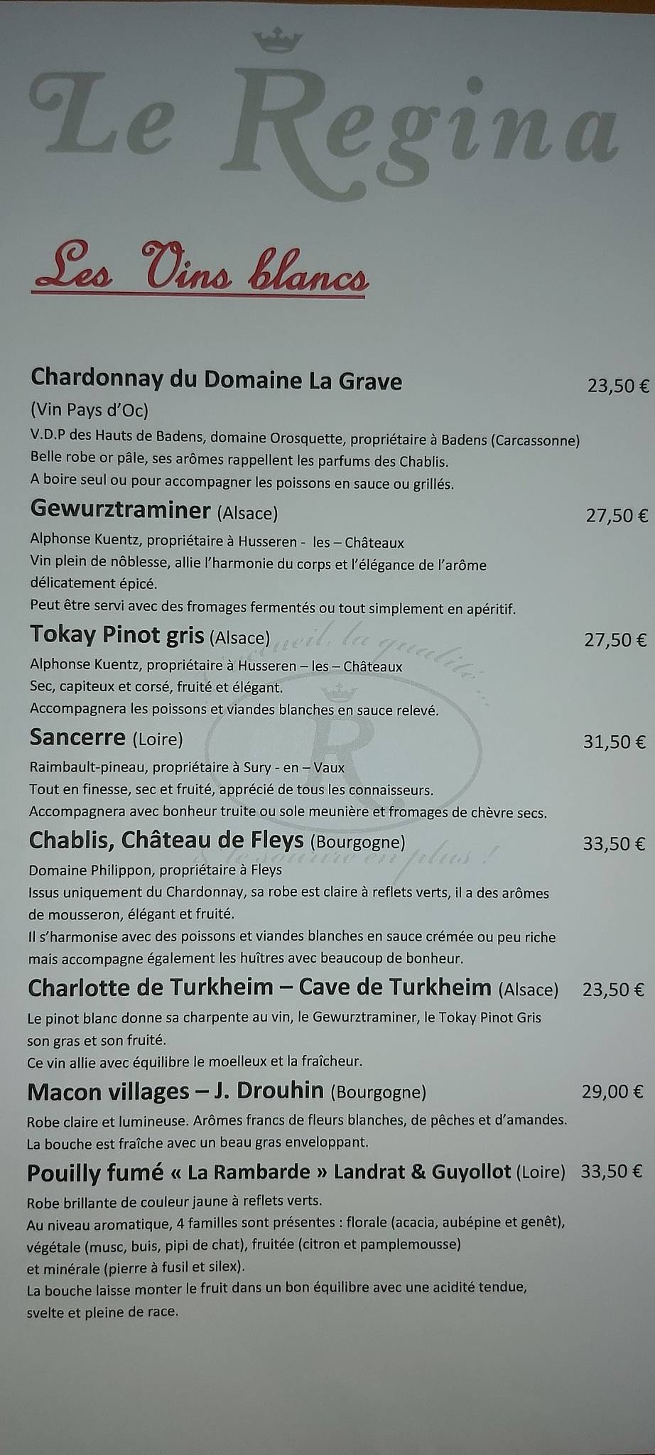 Menu au Le Régina, Liège