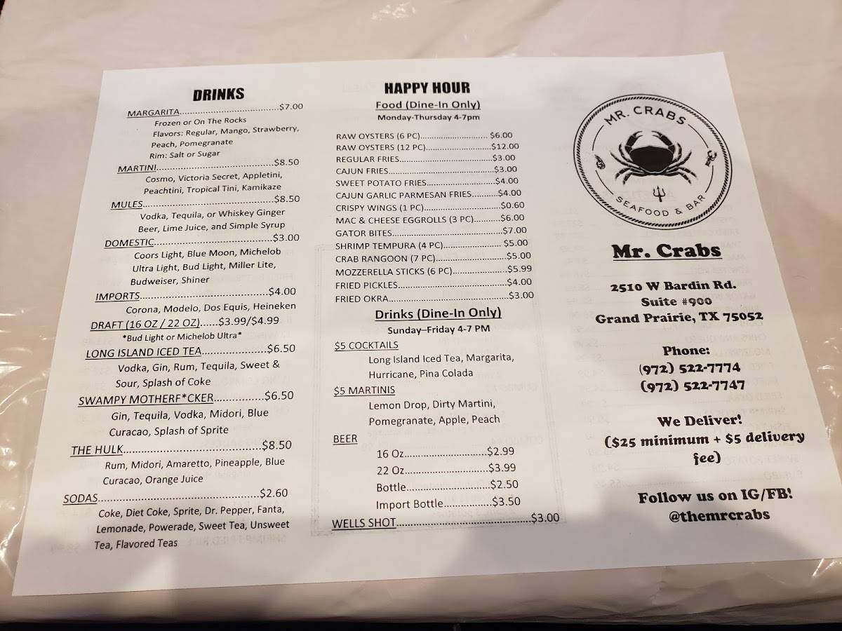 Menu at MR. Crab pub & bar, Grand Prairie