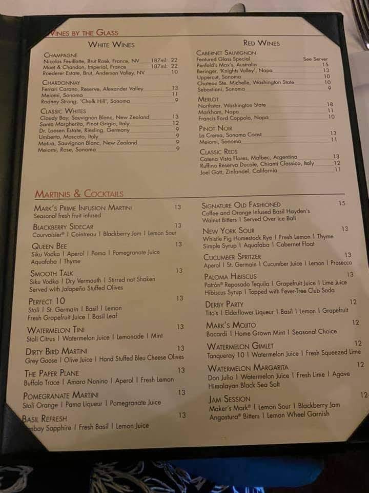 Menu at Mark's Prime Steakhouse, Ocala