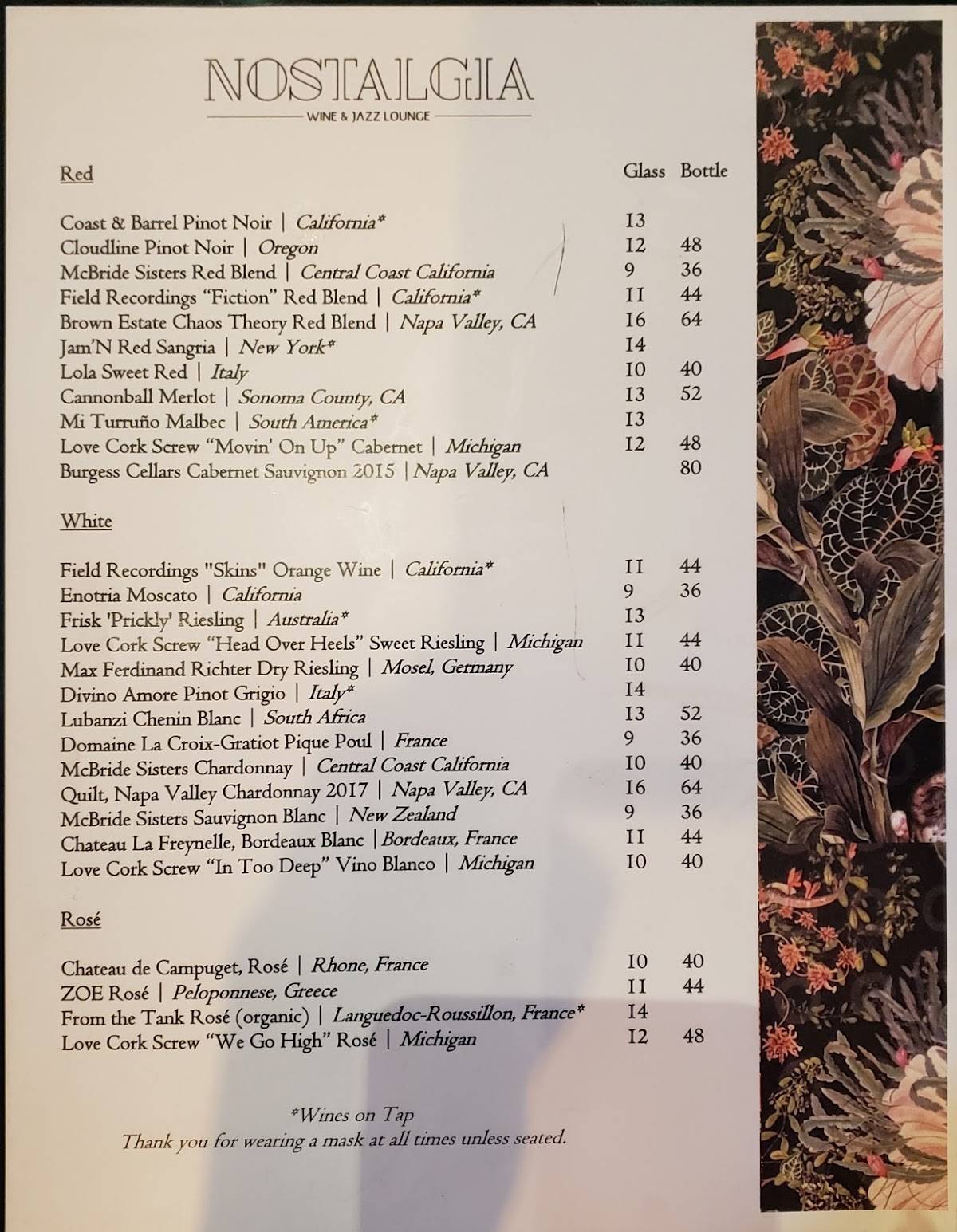 Menu at Nostalgia Wine & Jazz Lounge pub & bar, Cincinnati