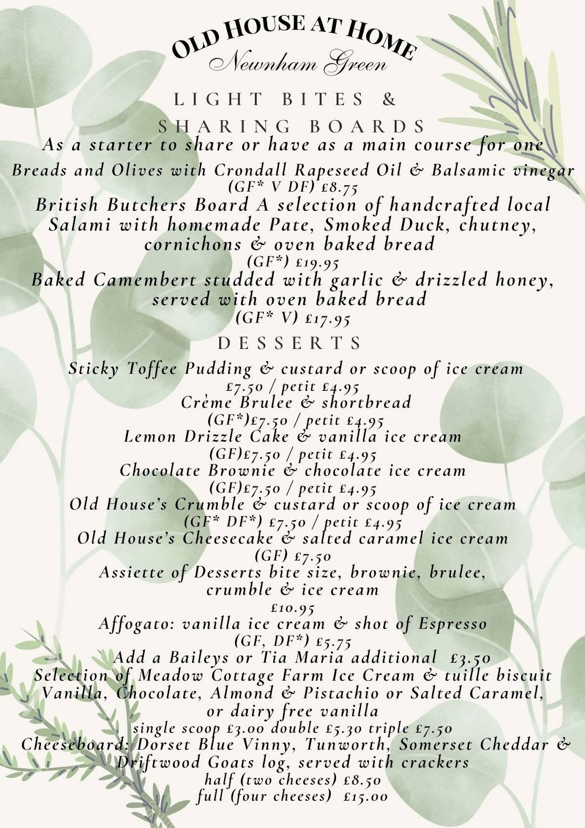 Menu at Old House at Home Newnham pub & bar, Hook, Tylney Ln