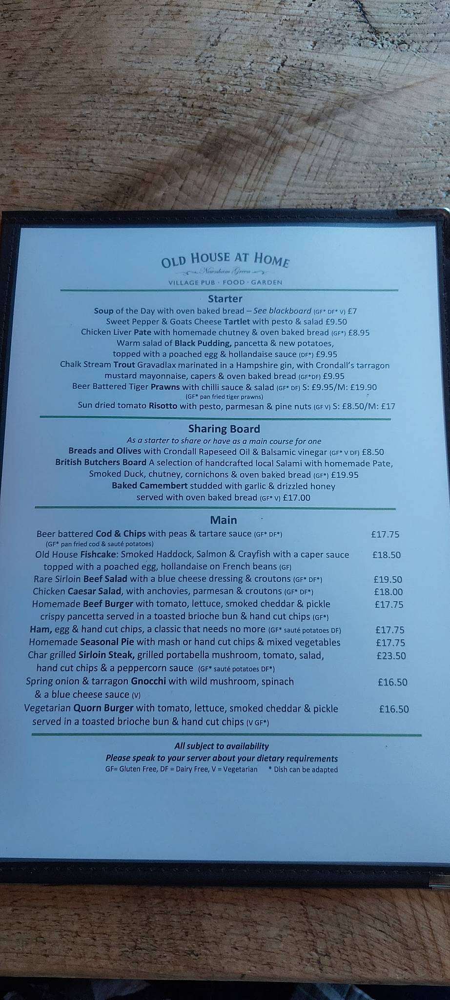 Menu at Old House at Home Newnham pub & bar, Hook, Tylney Ln