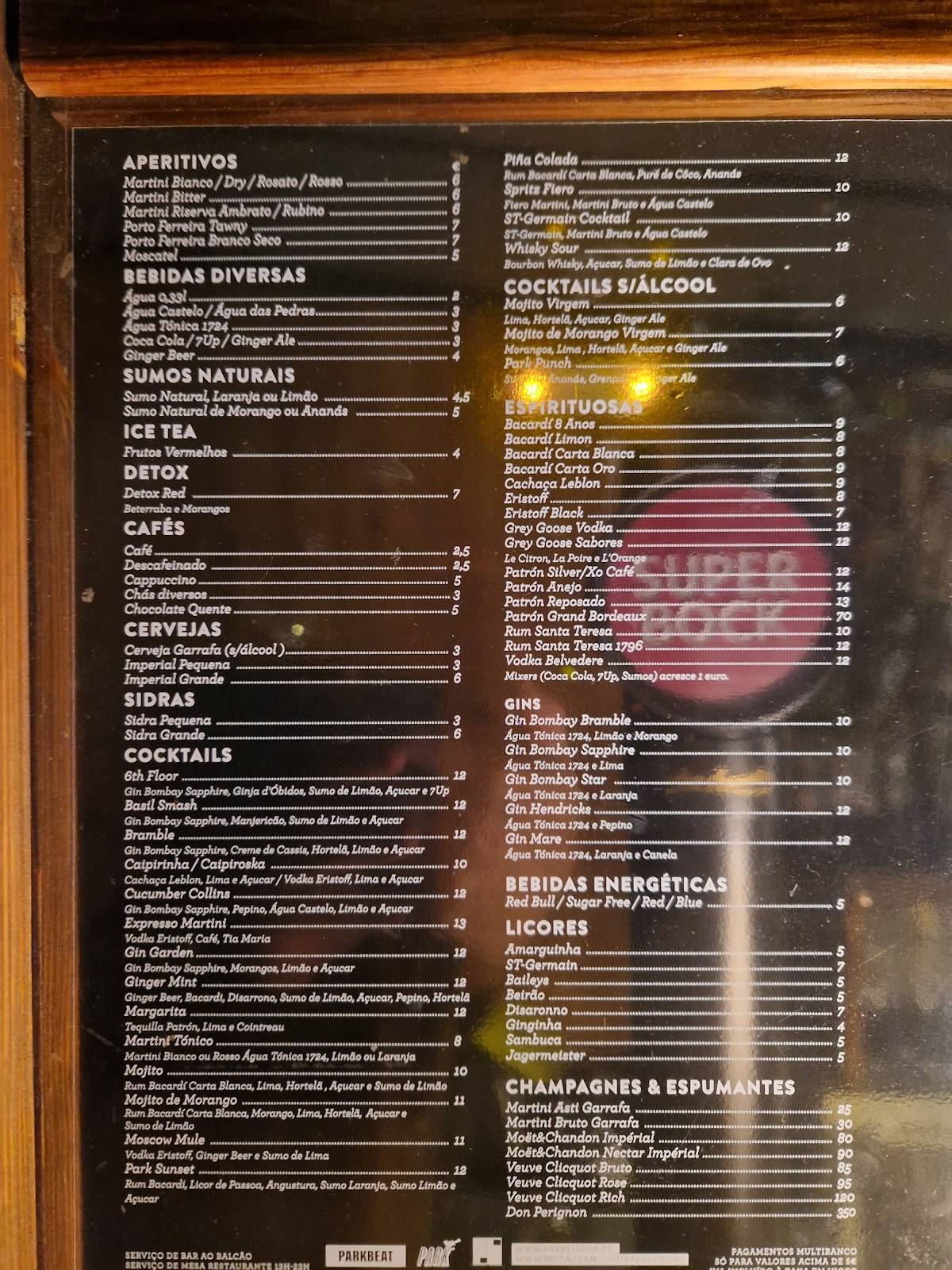 Menu at Park Rooftop pub & bar, Lisbon, Calçada do Combro 58