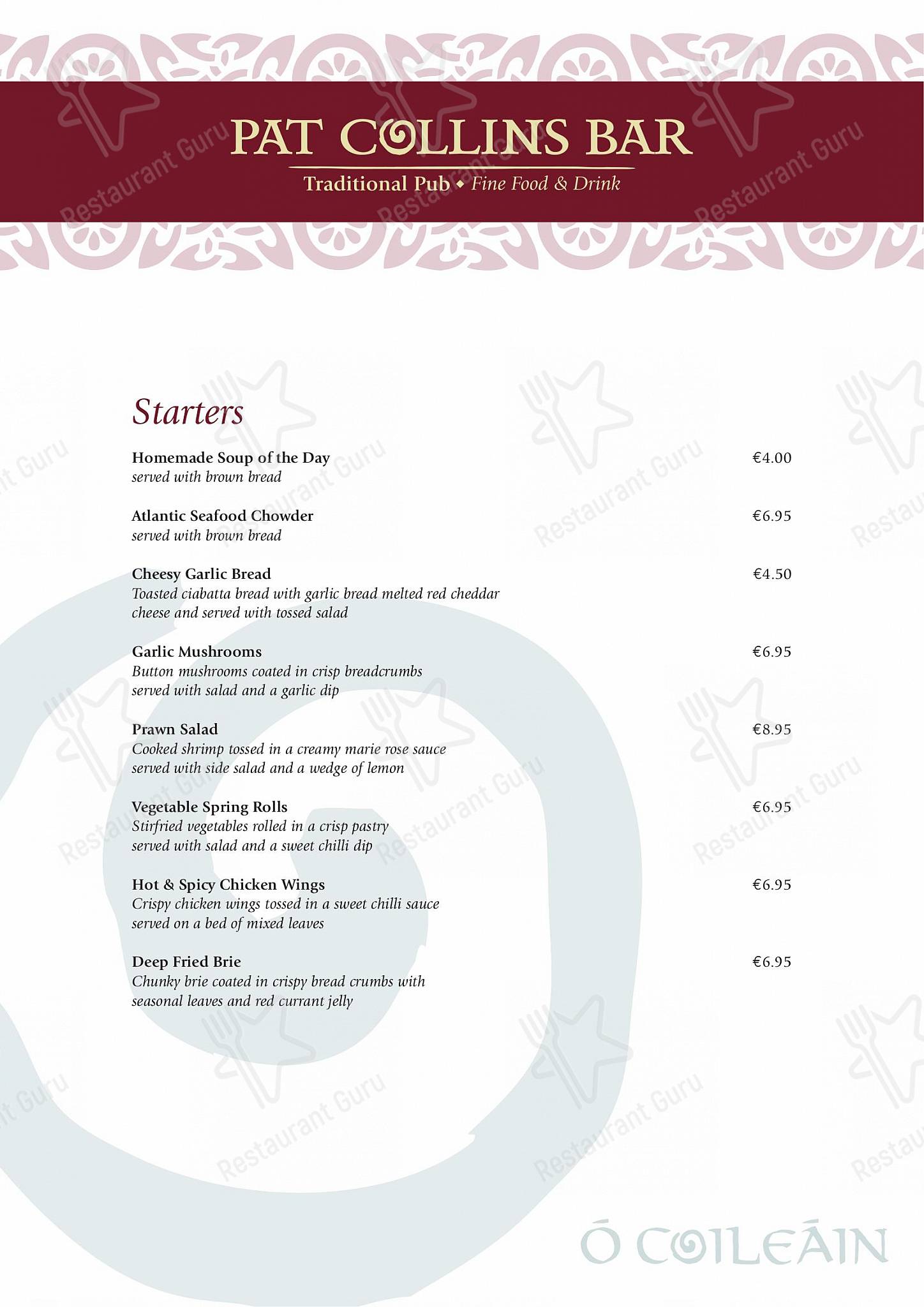 Menu at Pat Collins Bar, Adare