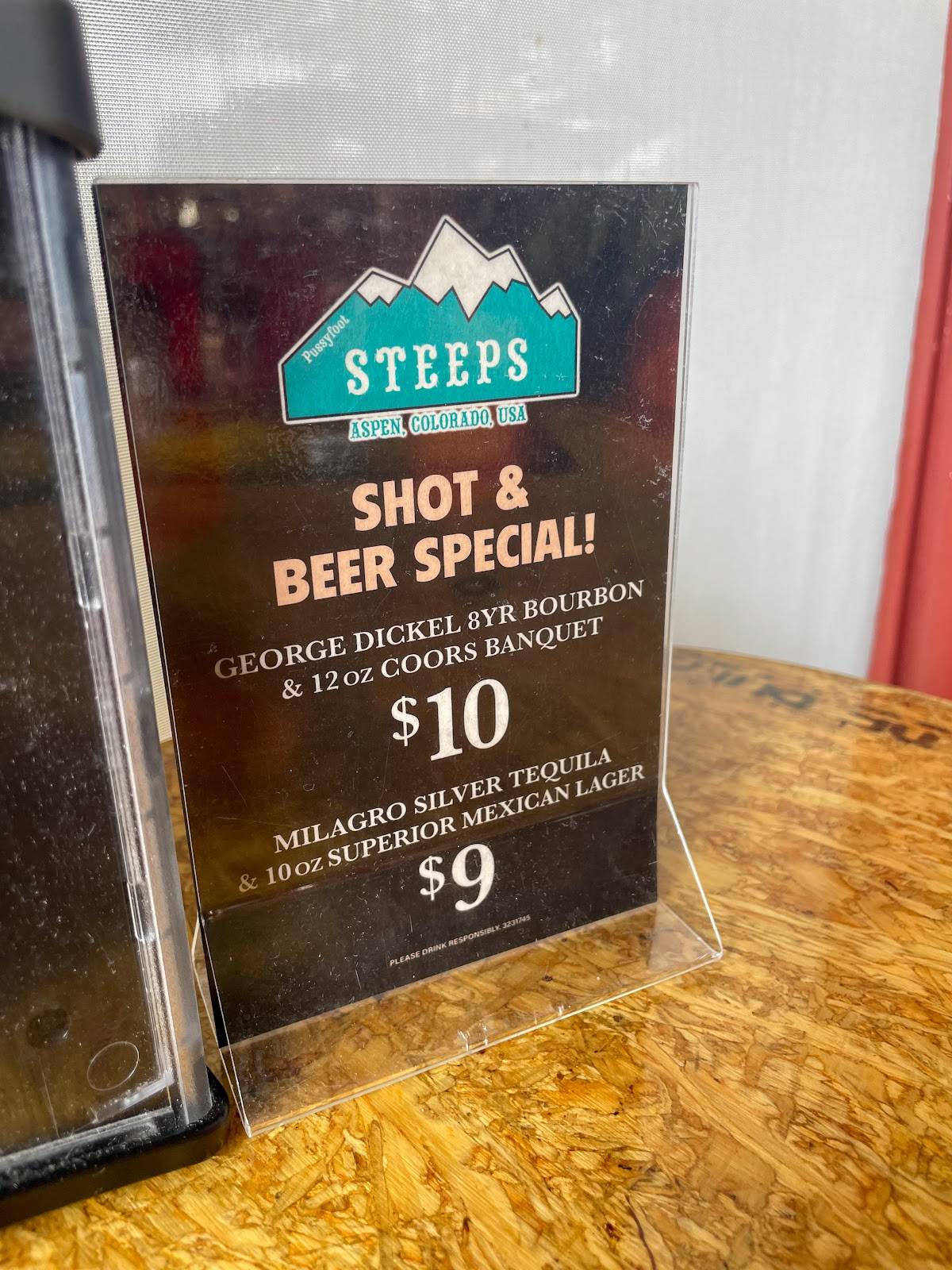 Menu at Pussyfoot Steeps pub & bar, Aspen