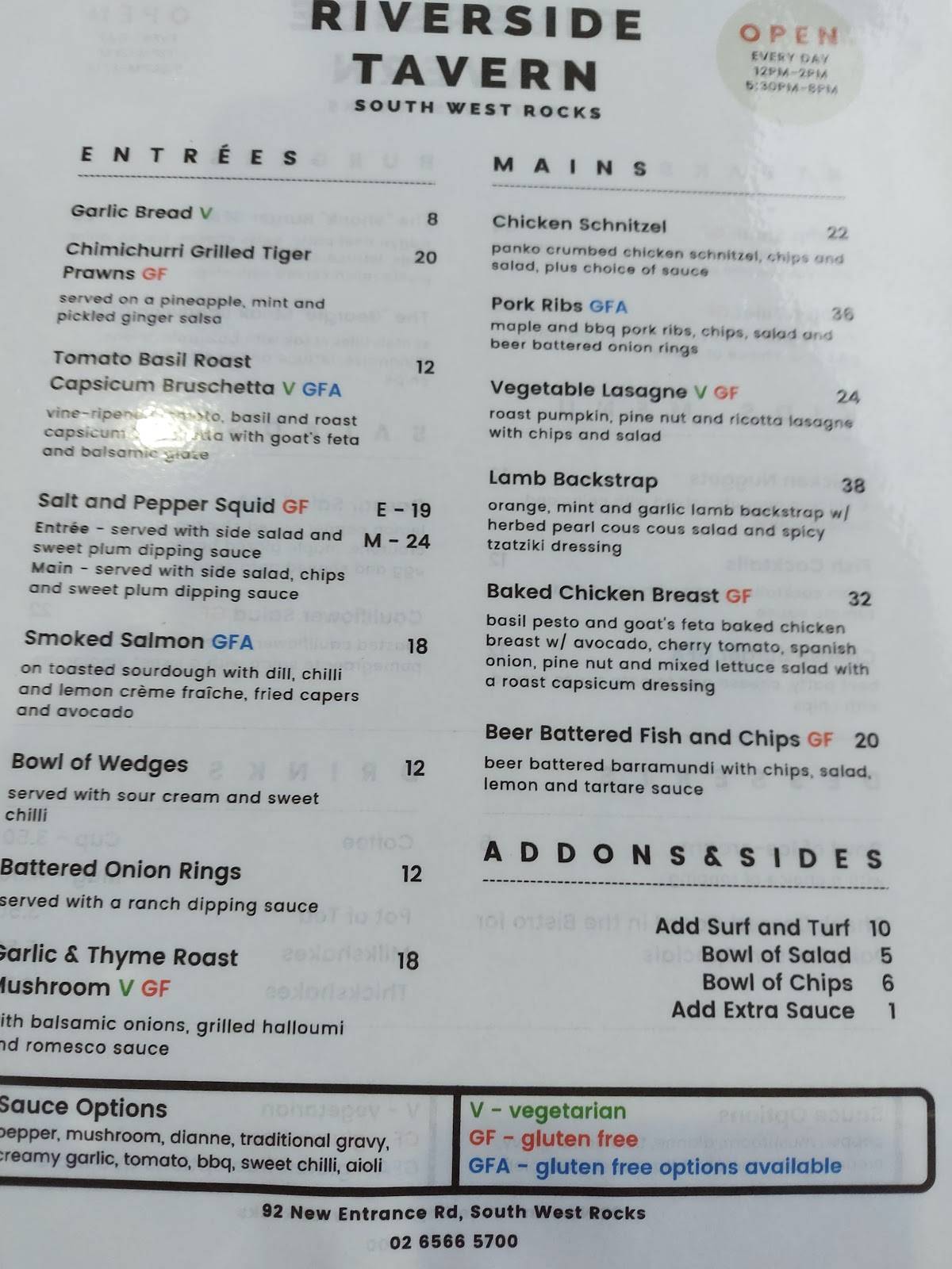Menu at Riverside Tavern pub & bar, South West Rocks