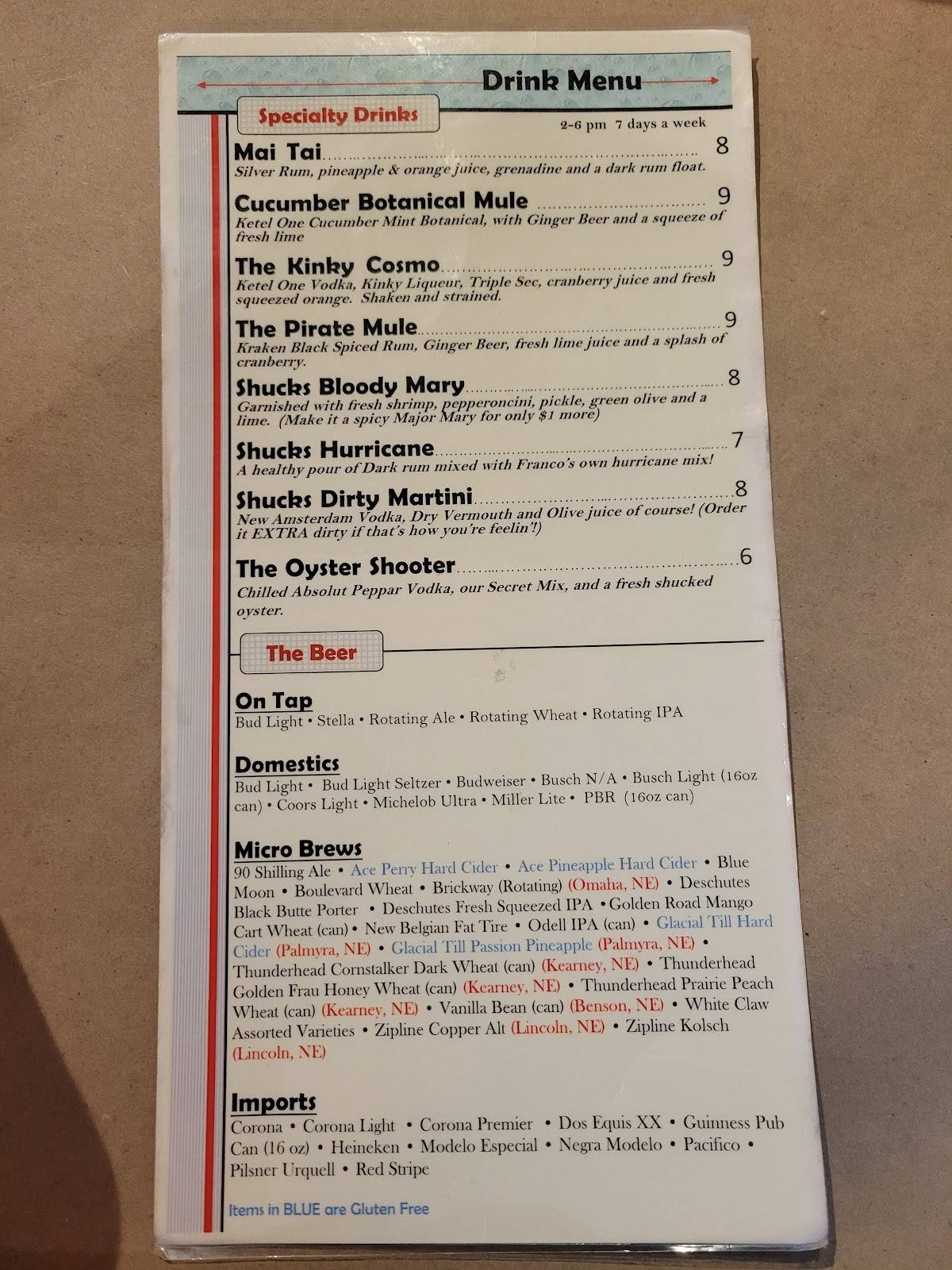 Menu at Shucks Fish House & Oyster Bar, Omaha, Leavenworth St