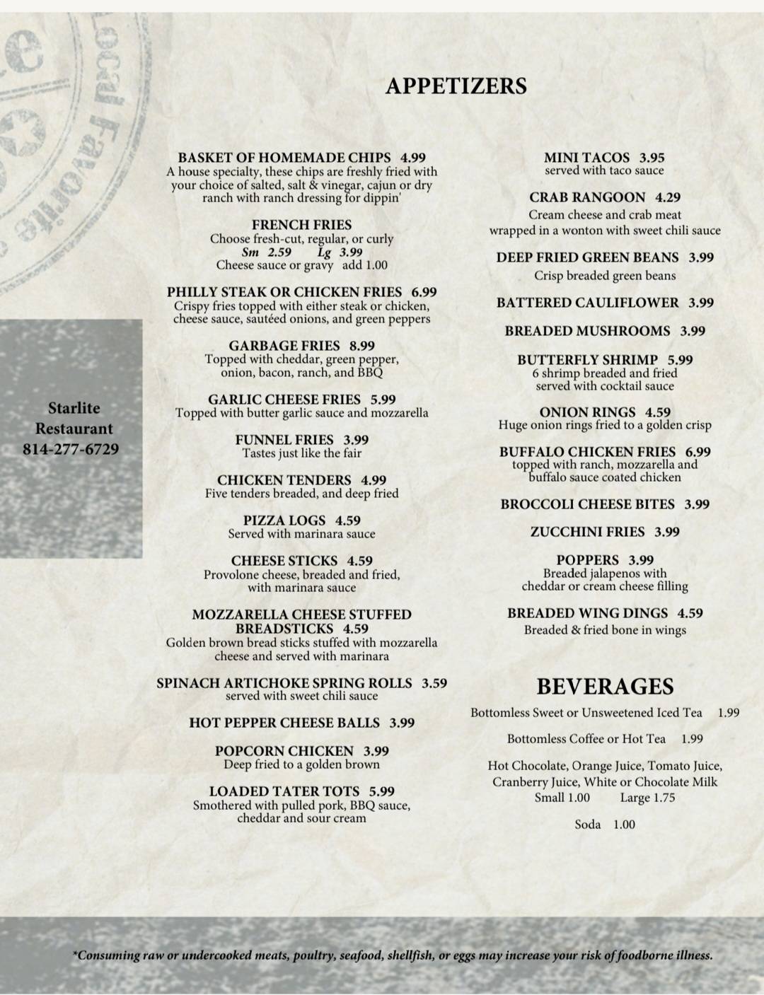 Menu at Starlite Lounge & Restaurant, Mahaffey, 930 Market St