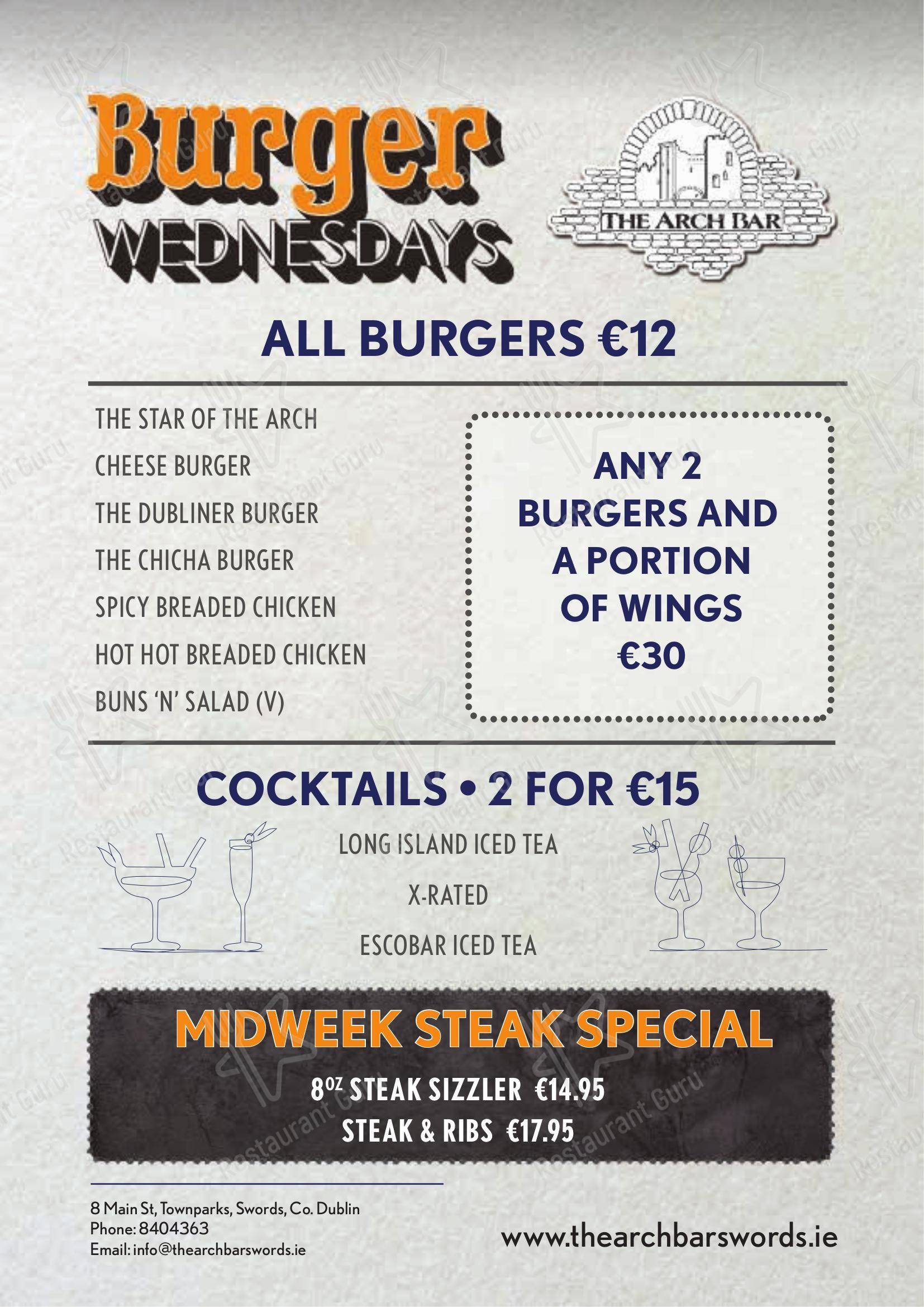 Menu at The Arch Bar, Swords
