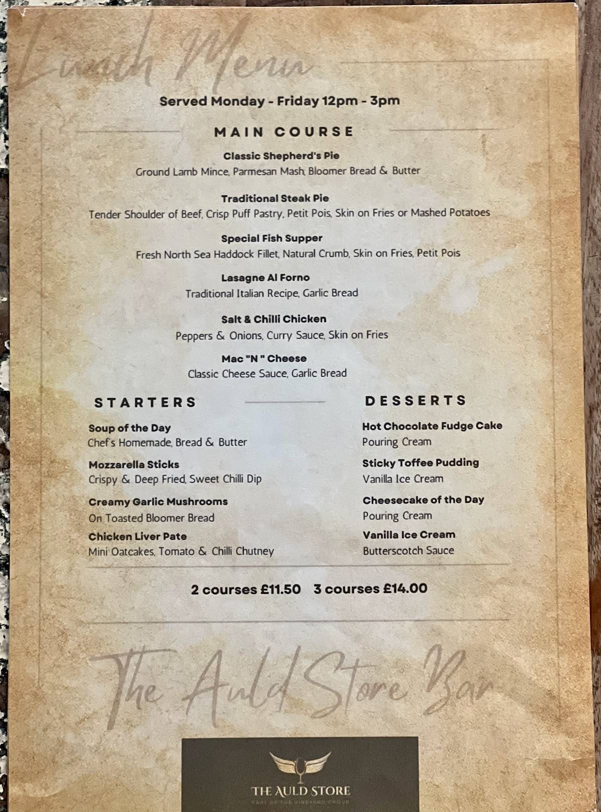 Menu at The Auld Store pub & bar, Carluke
