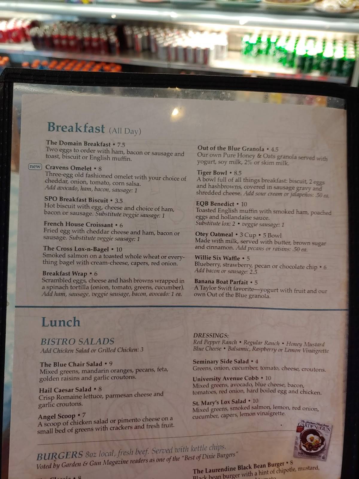 Menu at The Blue Chair Cafe & Tavern, Sewanee