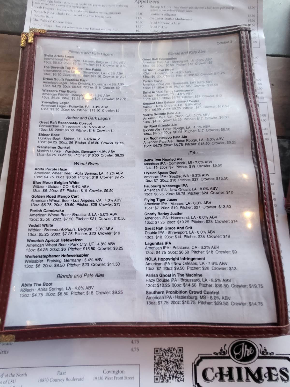 Menu at The Chimes pub & bar, Baton Rouge